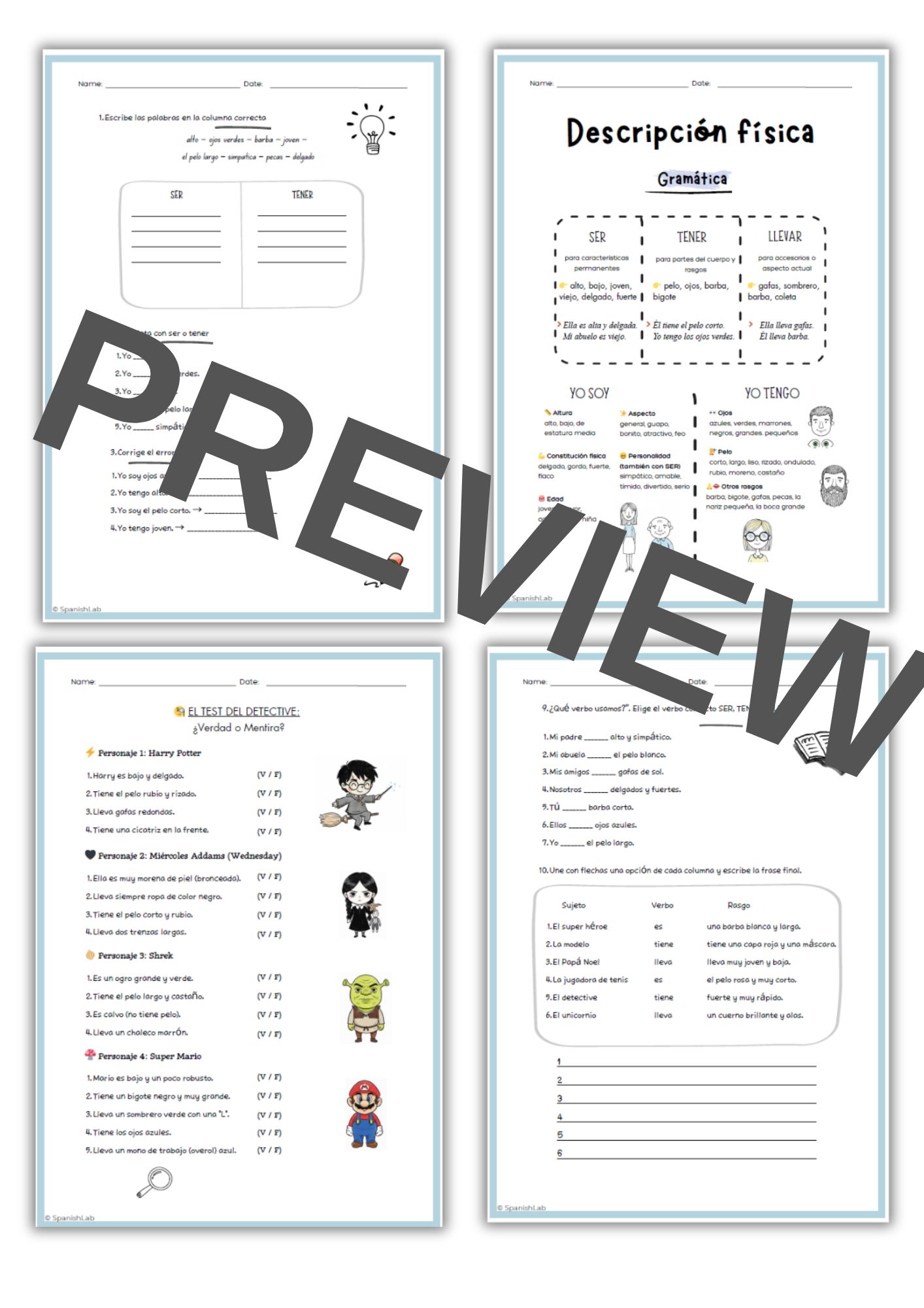 Physical Description in Spanish Worksheets | SER TENER LLEVAR | A1-A2 ...