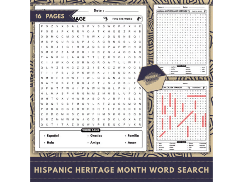 Hispanic Heritage Month Word Search – 8 Printable Worksheets + 8 Answer ...