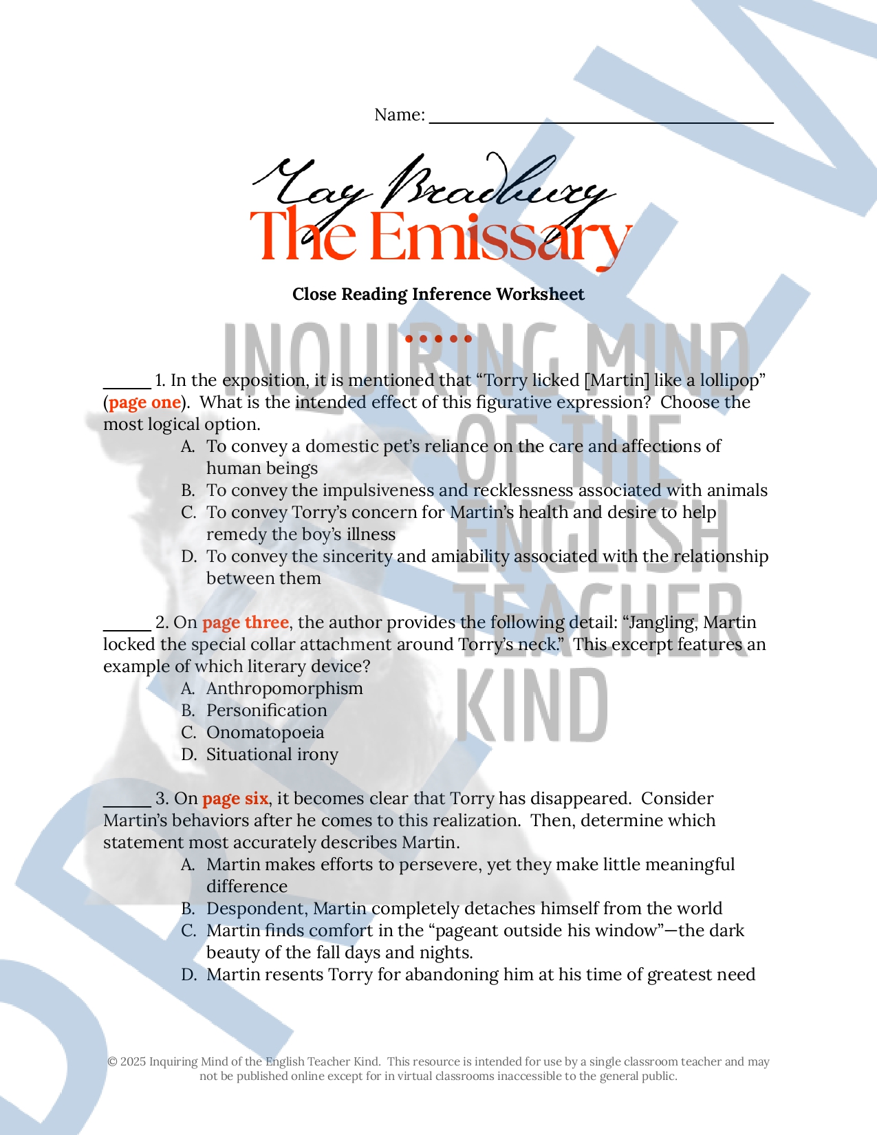 "The Emissary" by Ray Bradbury Close Reading Analysis Worksheet ...
