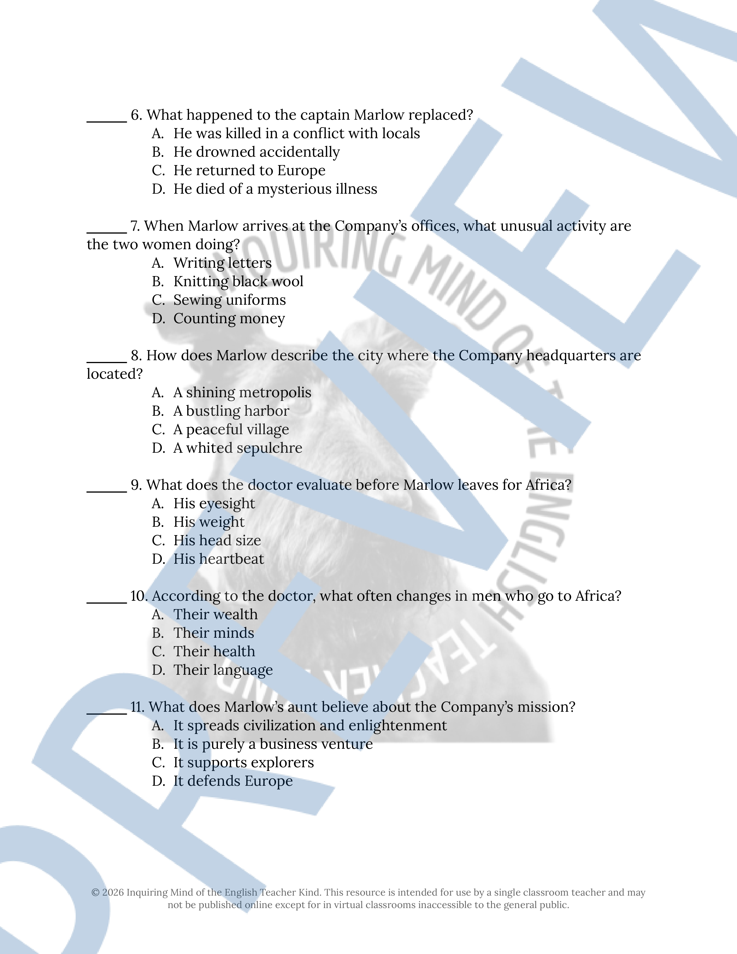 Heart of Darkness Chapter 1 Quiz and Answer Key | Reading Comprehension ...