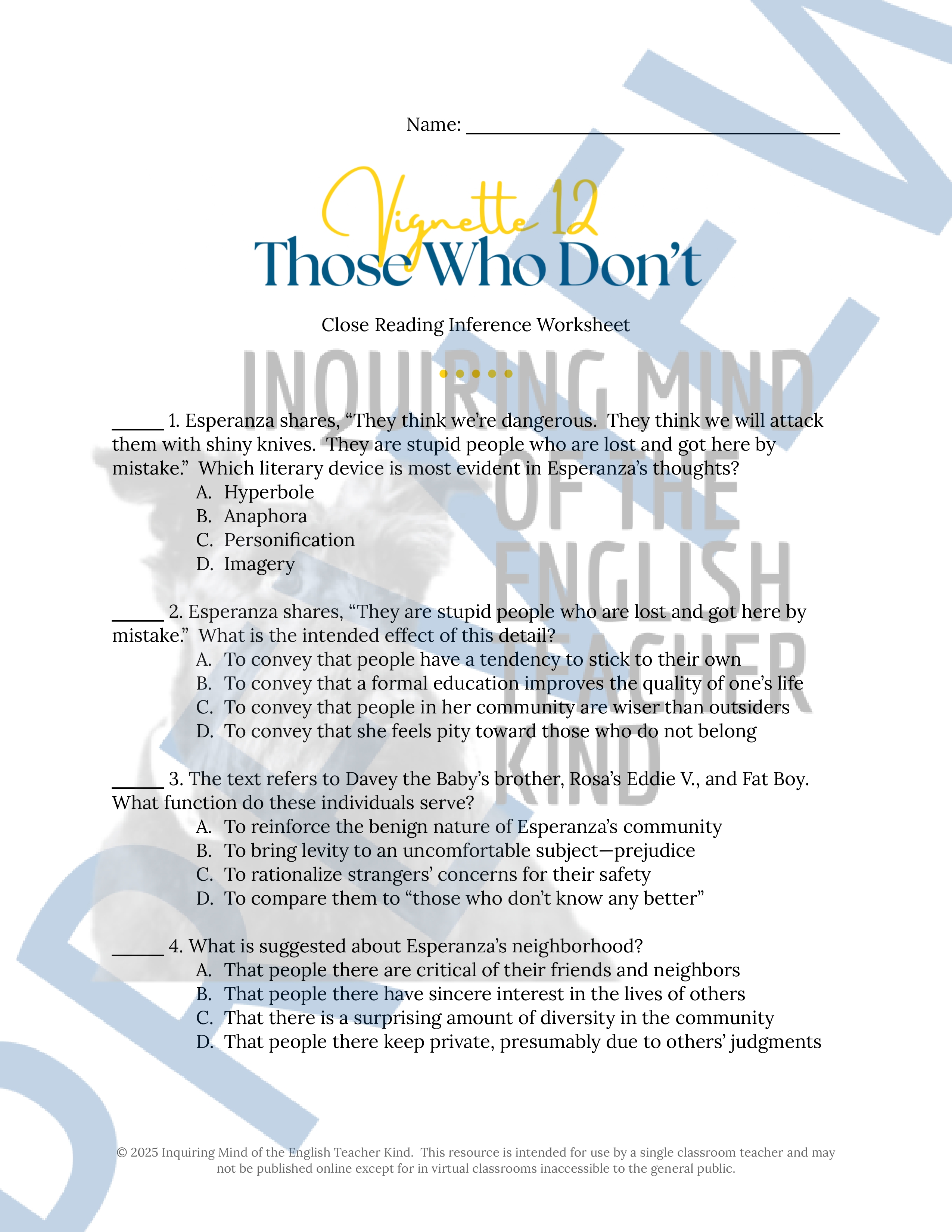 The House on Mango Street "Those Who Don't" Close Reading Inference ...