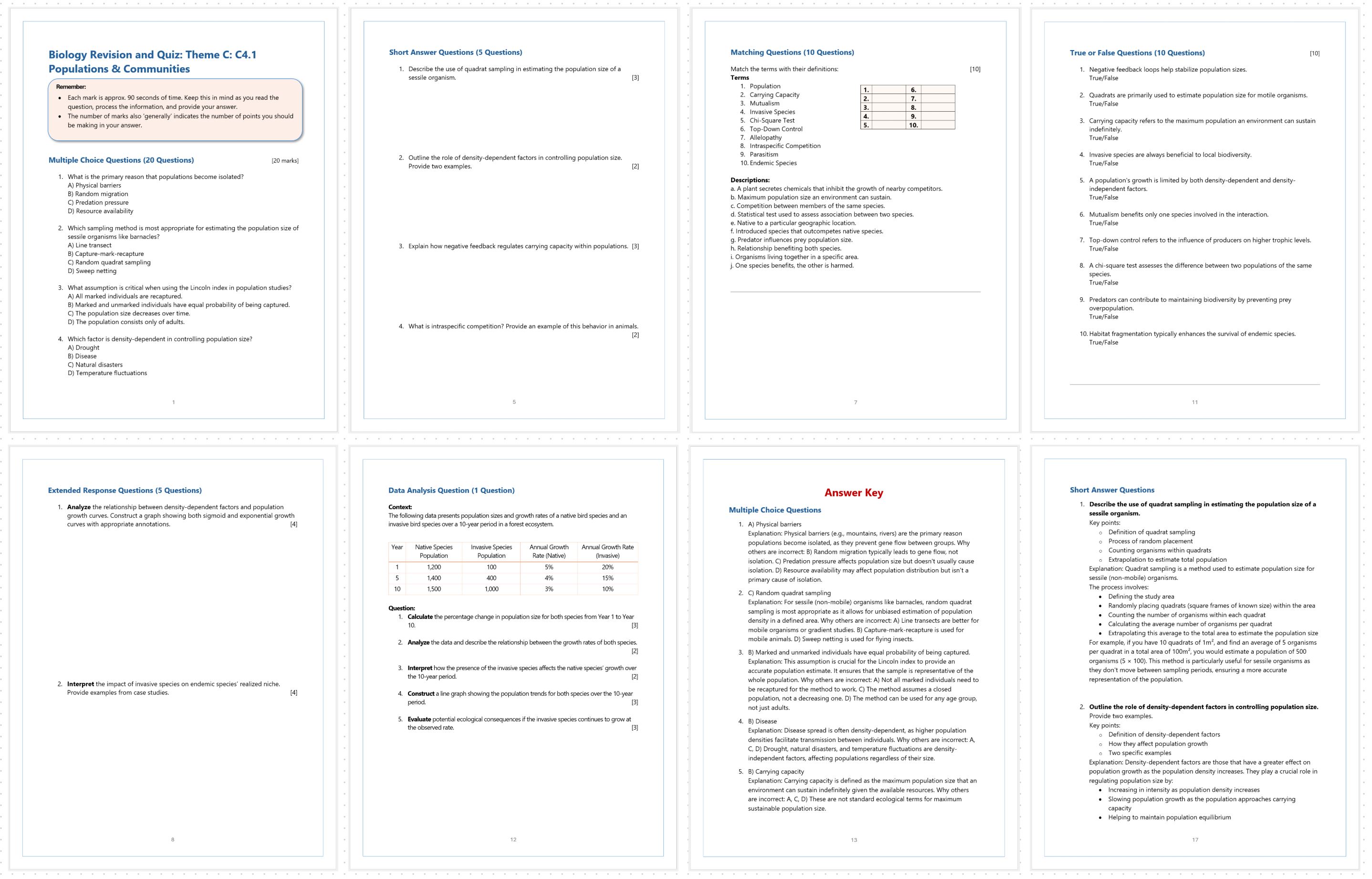 IB DP Biology C4.1 Populations and Communities Quiz and Revision ...