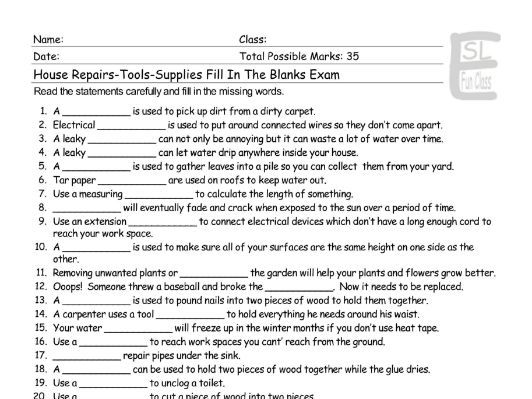 House Repairs-Tools-Supplies Fill In The Blanks Exam | Teaching Resources
