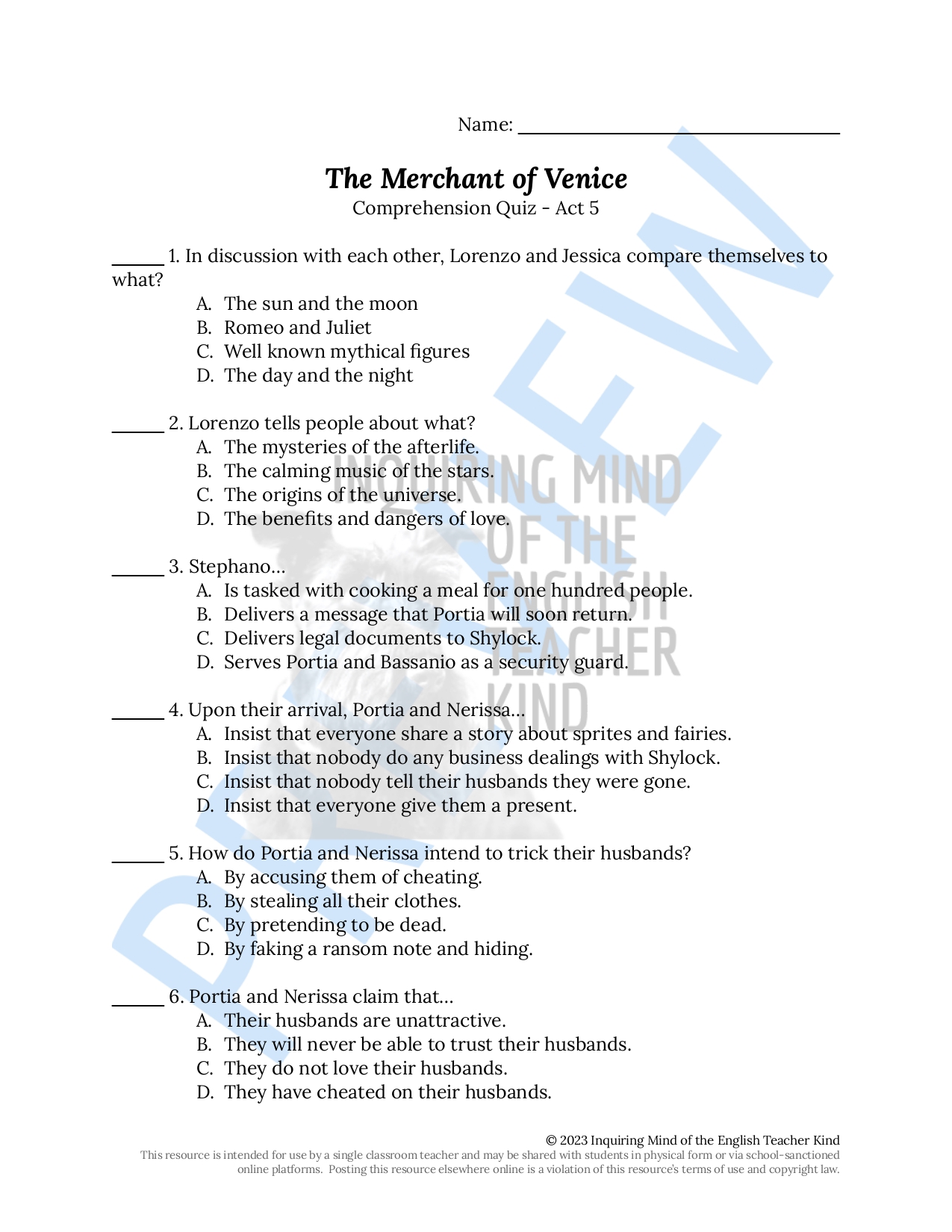 The Merchant of Venice Act 5 Quiz and Answer Key | Teaching Resources