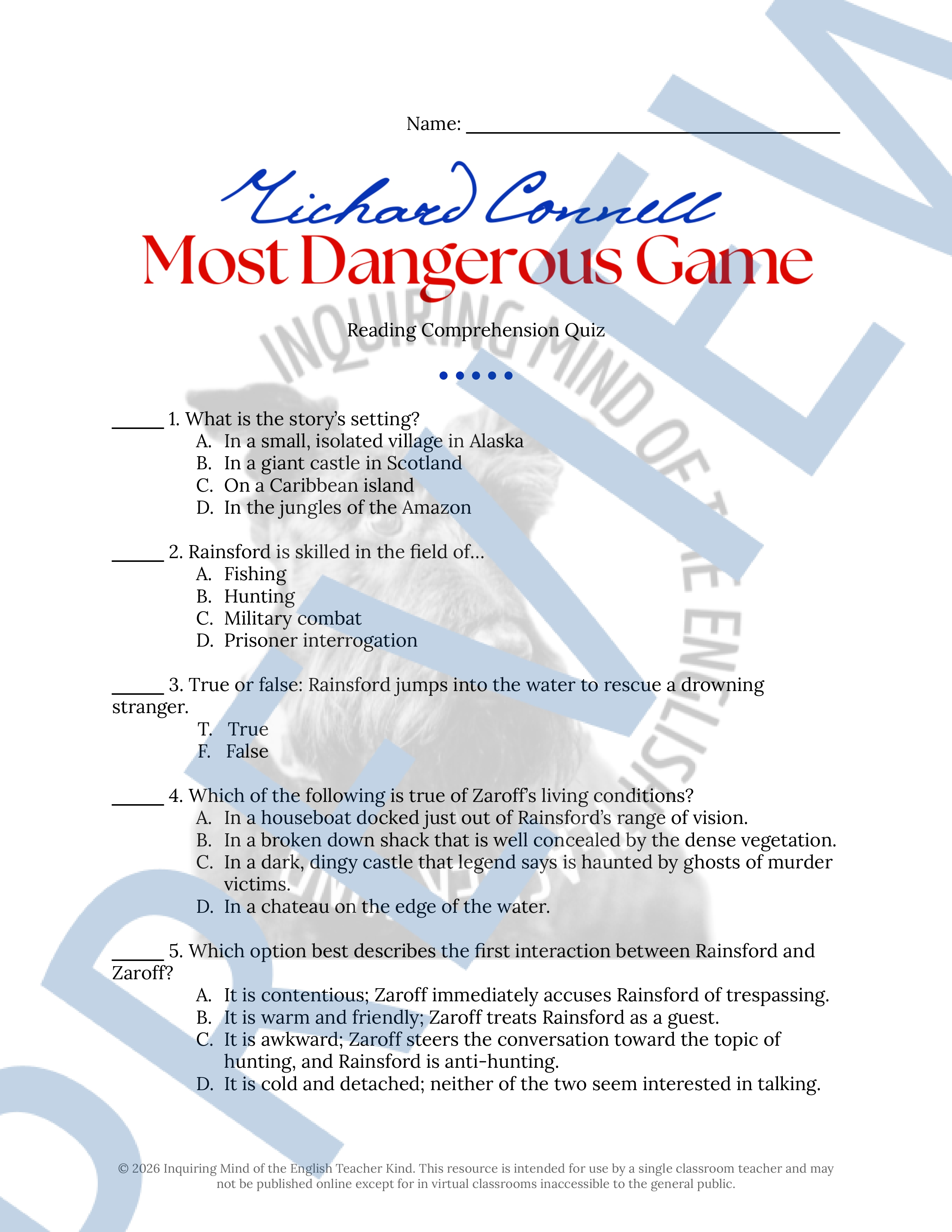 "The Most Dangerous Game" by Richard Connell Quiz and Answer Key ...