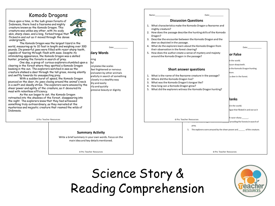 Komodo Dragons Reading Science Story Comprehension Questions Worksheet ...