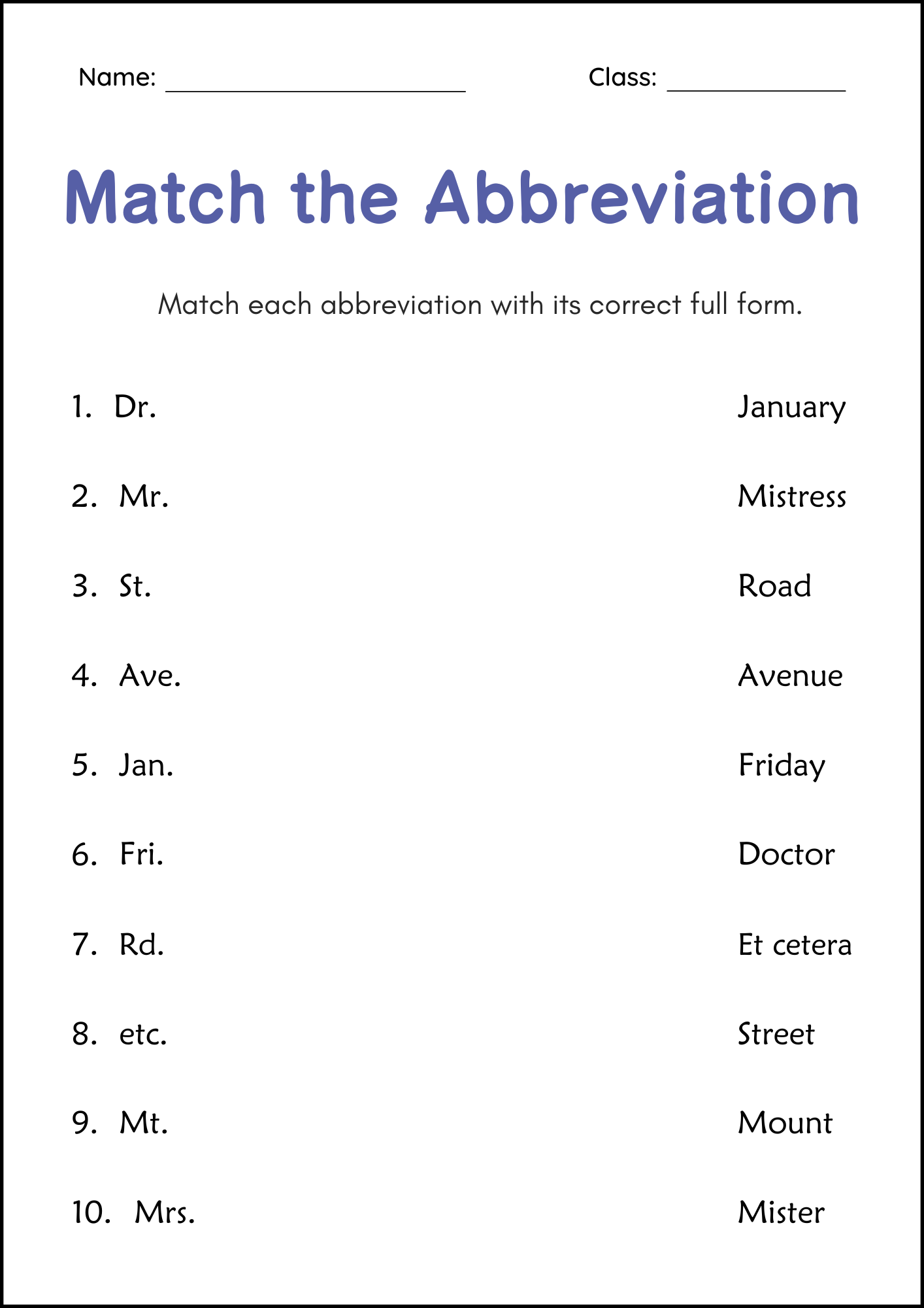 Printable Abbreviations Grammar Worksheets - Abbreviations Matching for ...