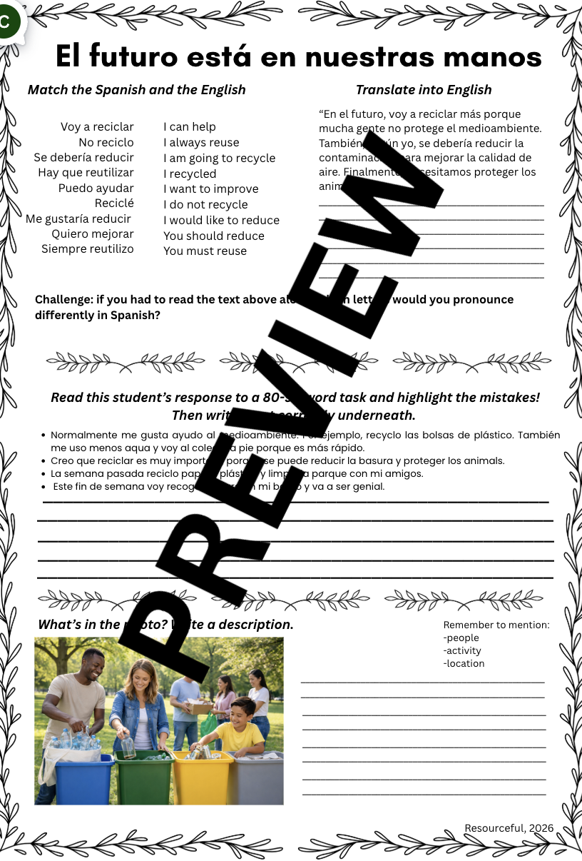 Spanish AQA/Edexcel GCSE - El medioambiente - Environment Activity ...