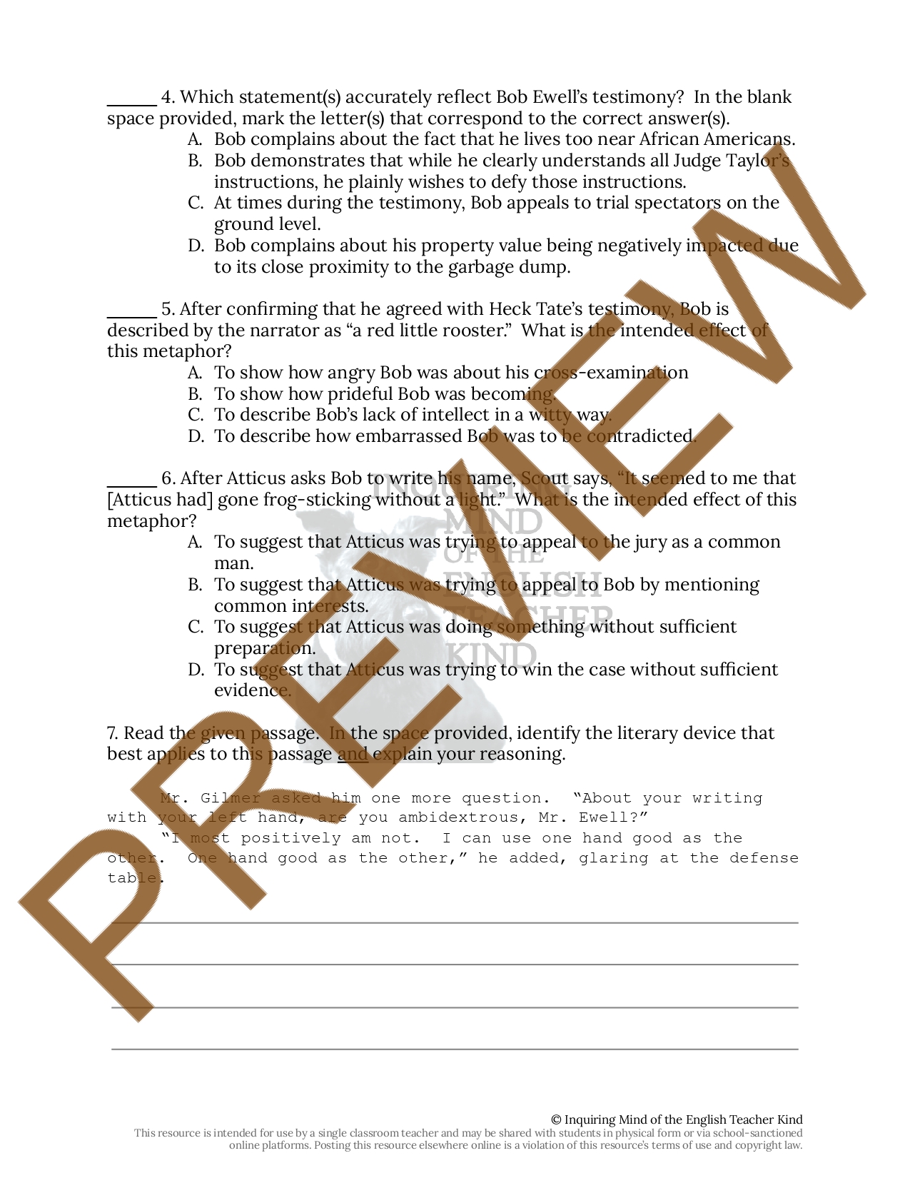 To Kill a Mockingbird Chapter 17 Close Reading Worksheet | Teaching ...