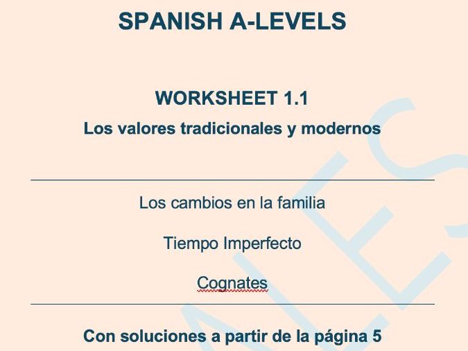 Spanish A-Levels Worksheet 1.1. With Solutions: Los valores ...