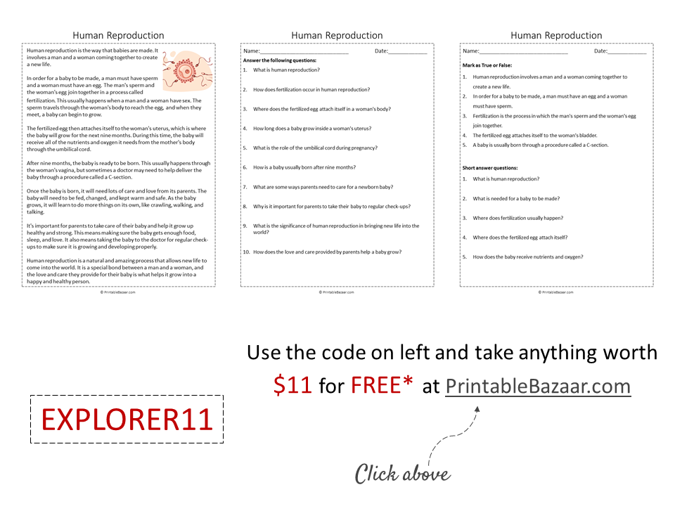 Human Reproduction Reading Comprehension Passage Printable Worksheet | Teaching Resources