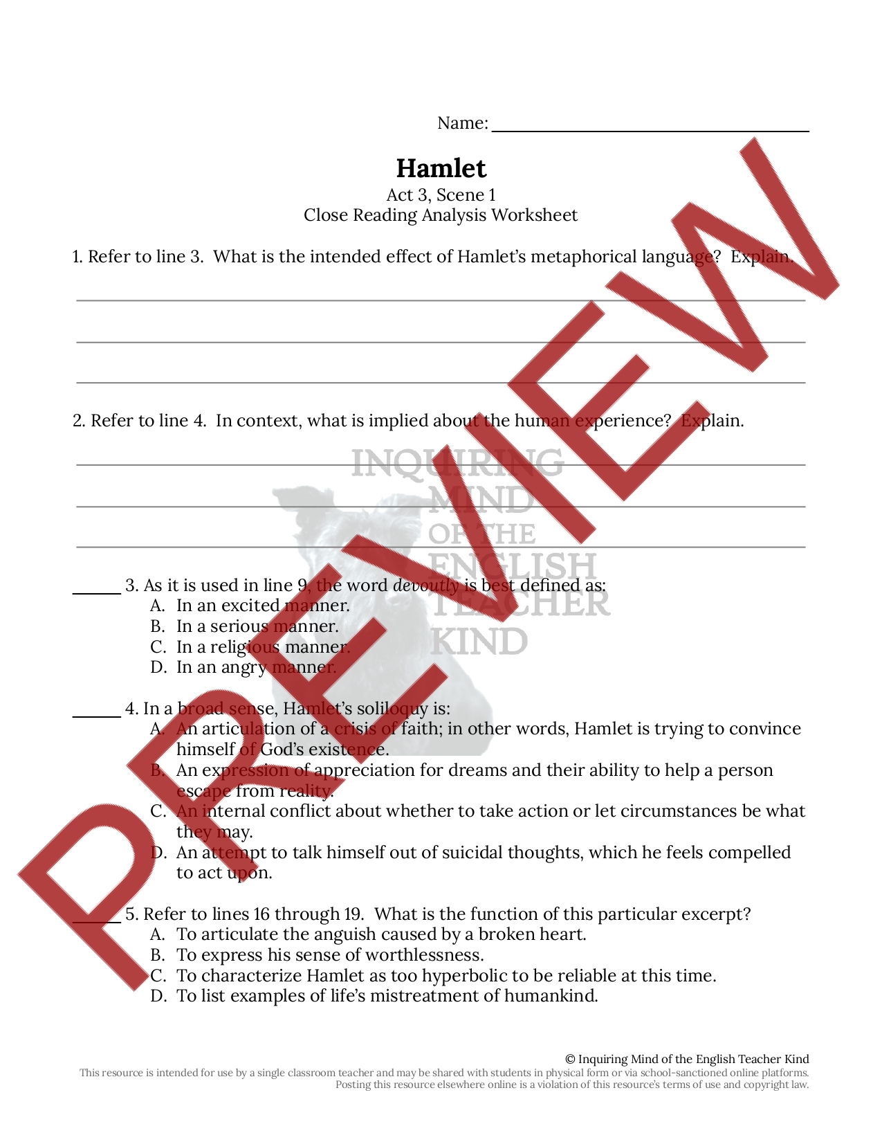 Hamlet Act 3 Scene 1 Close Reading Worksheet | Teaching Resources