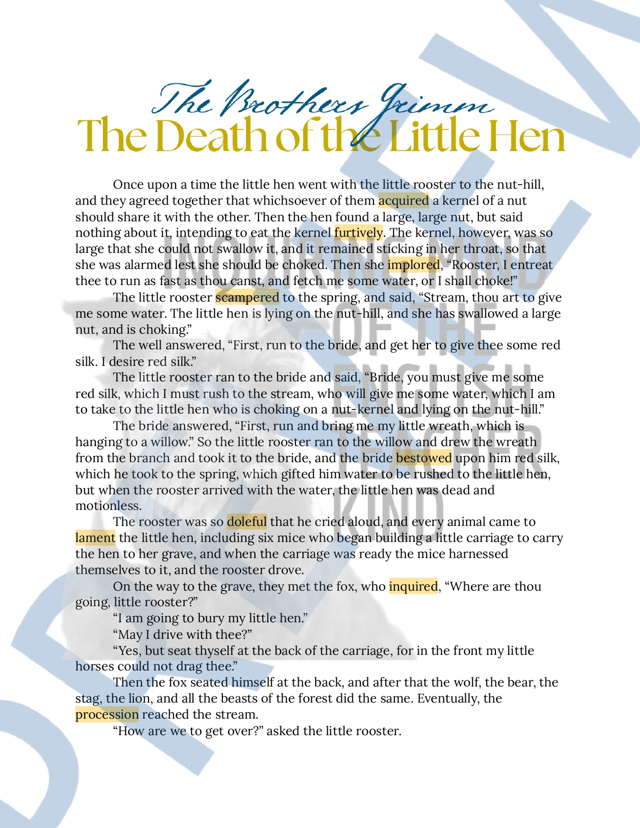 "The Death of the Little Hen" Quiz and Answer Key (Grimm's Fairy Tales ...