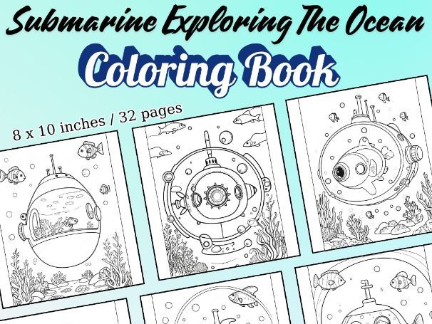 Submarine Exploring The Ocean Coloring Pages / Sheets of Submarine ...