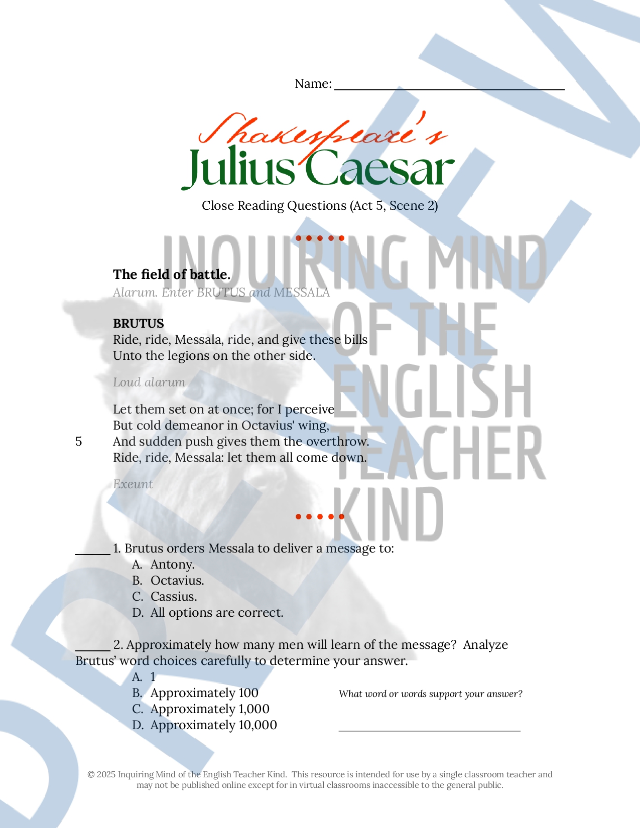 Julius Caesar Act 5 Scene 2 Close Reading Analysis Worksheet and Answer ...