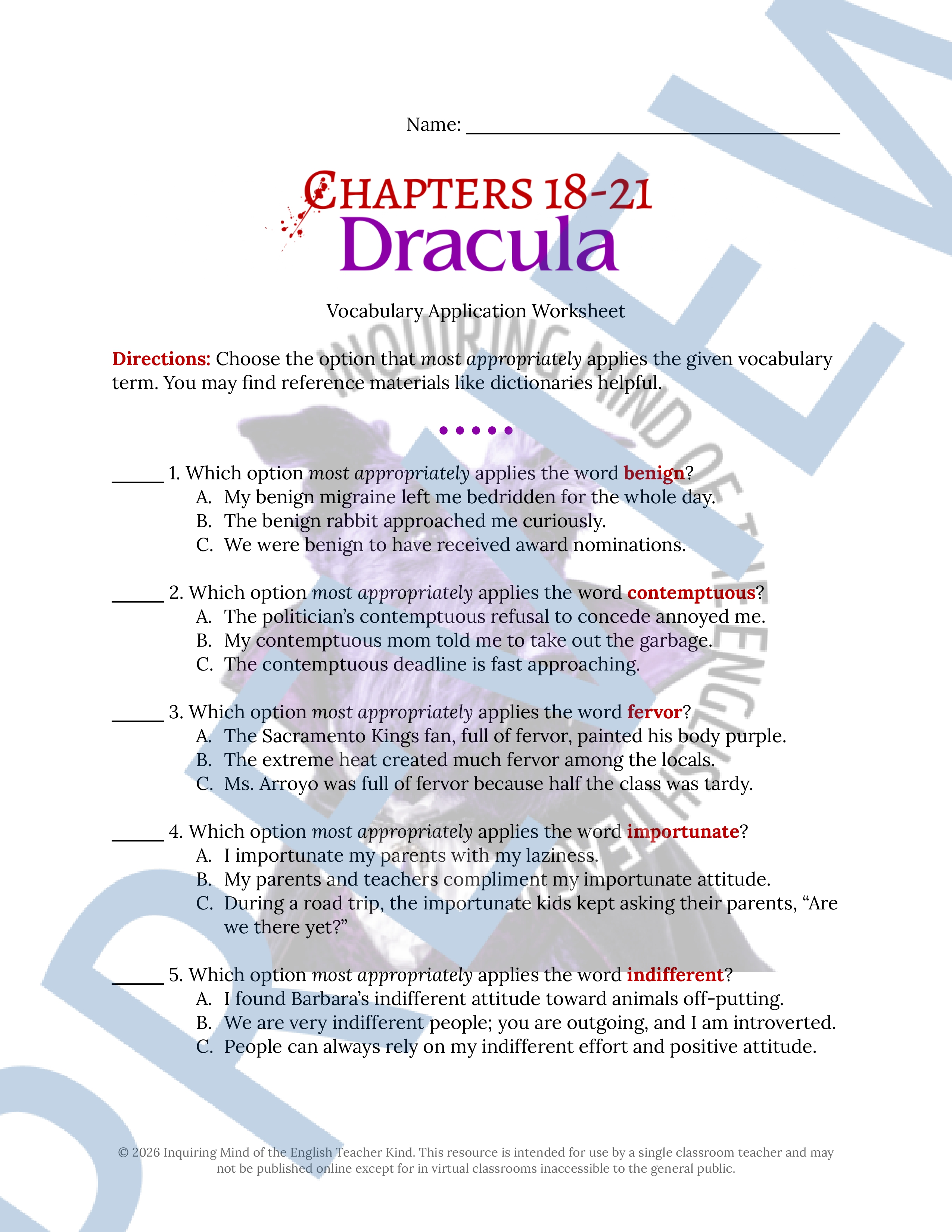 Dracula Chapters 18, 19, 20, and 21 Vocabulary Worksheet, Crossword ...