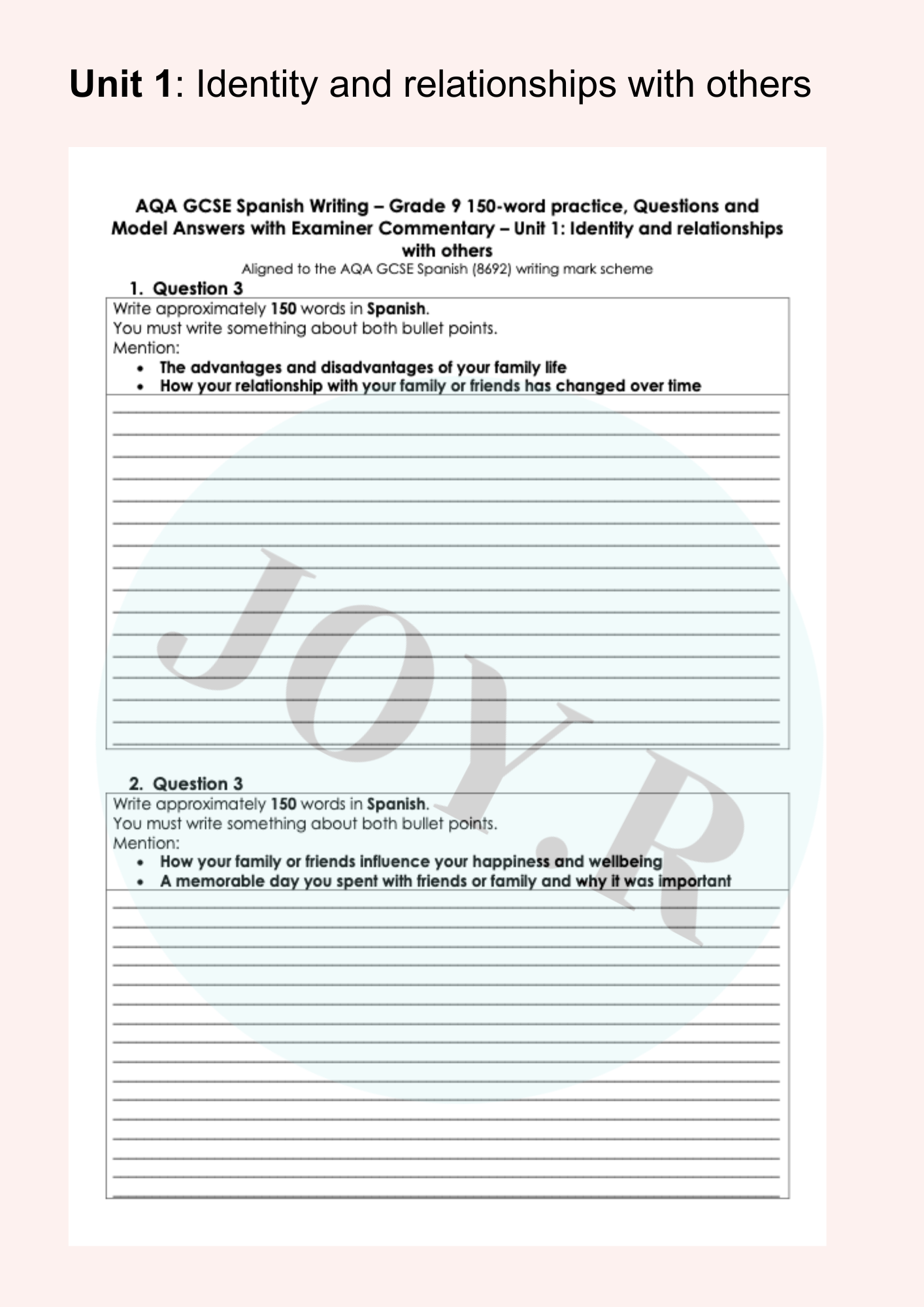 Unit 1: Identity & Relationships - Higher 150 Word Writing Practice ...