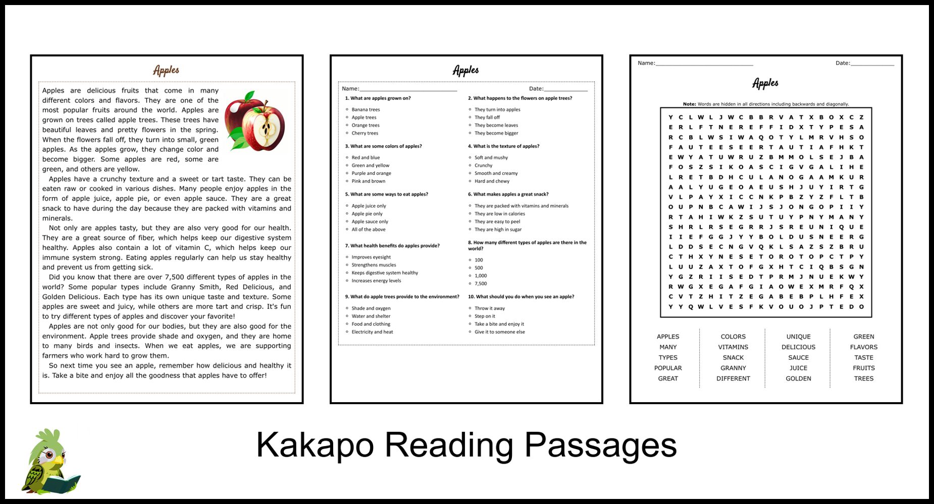 Apples Reading Comprehension and Word Search | Teaching Resources