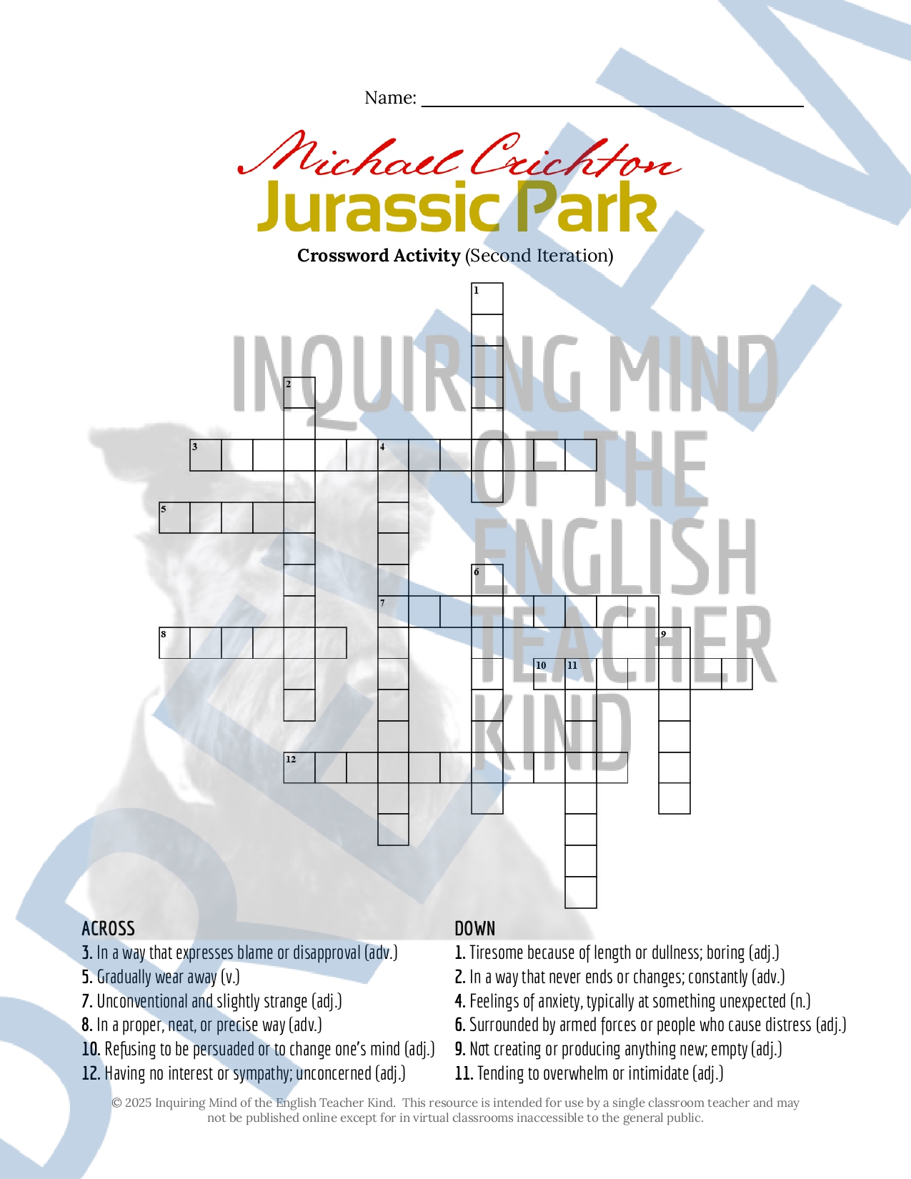 Jurassic Park by Michael Crichton Vocabulary Games (Second Iteration ...
