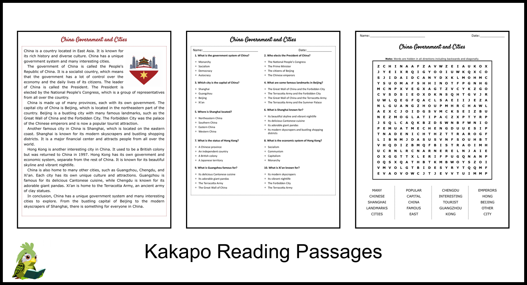 China Government and Cities Reading Comprehension and Word Search ...