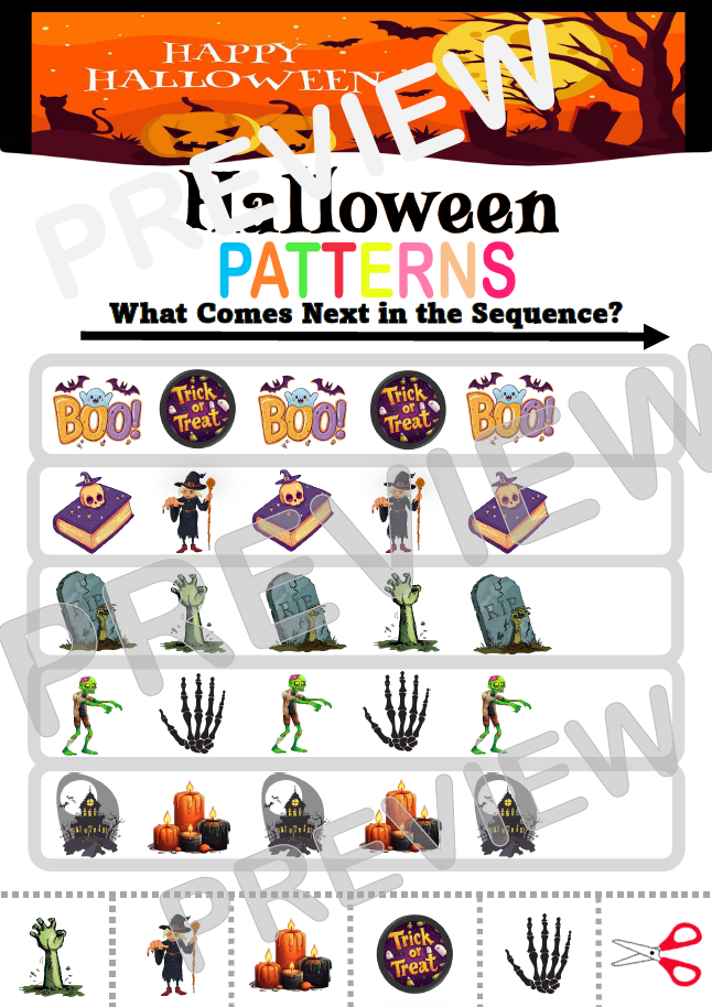 Halloween Finish the Pattern Worksheets Puzzles Activity for EYFS ...