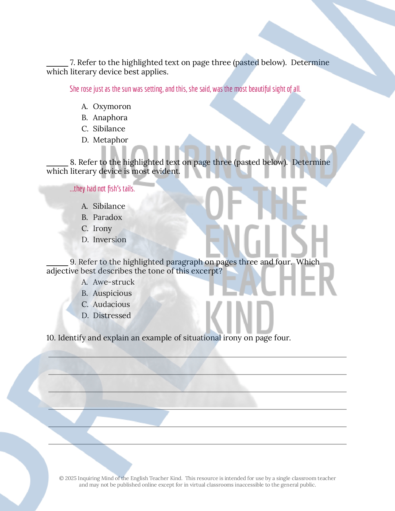 "The Little Mermaid" by Hans Christian Andersen Close Reading Worksheet ...