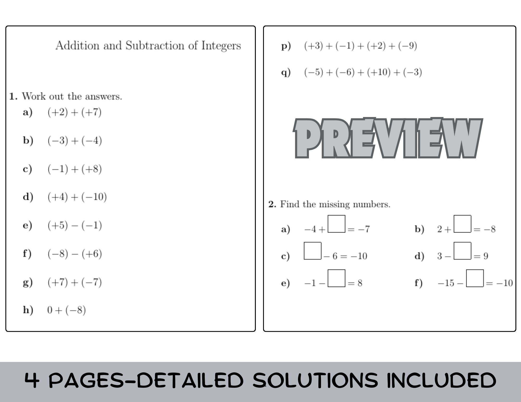 Addition and Subtraction of Integers Worksheet (with solutions ...