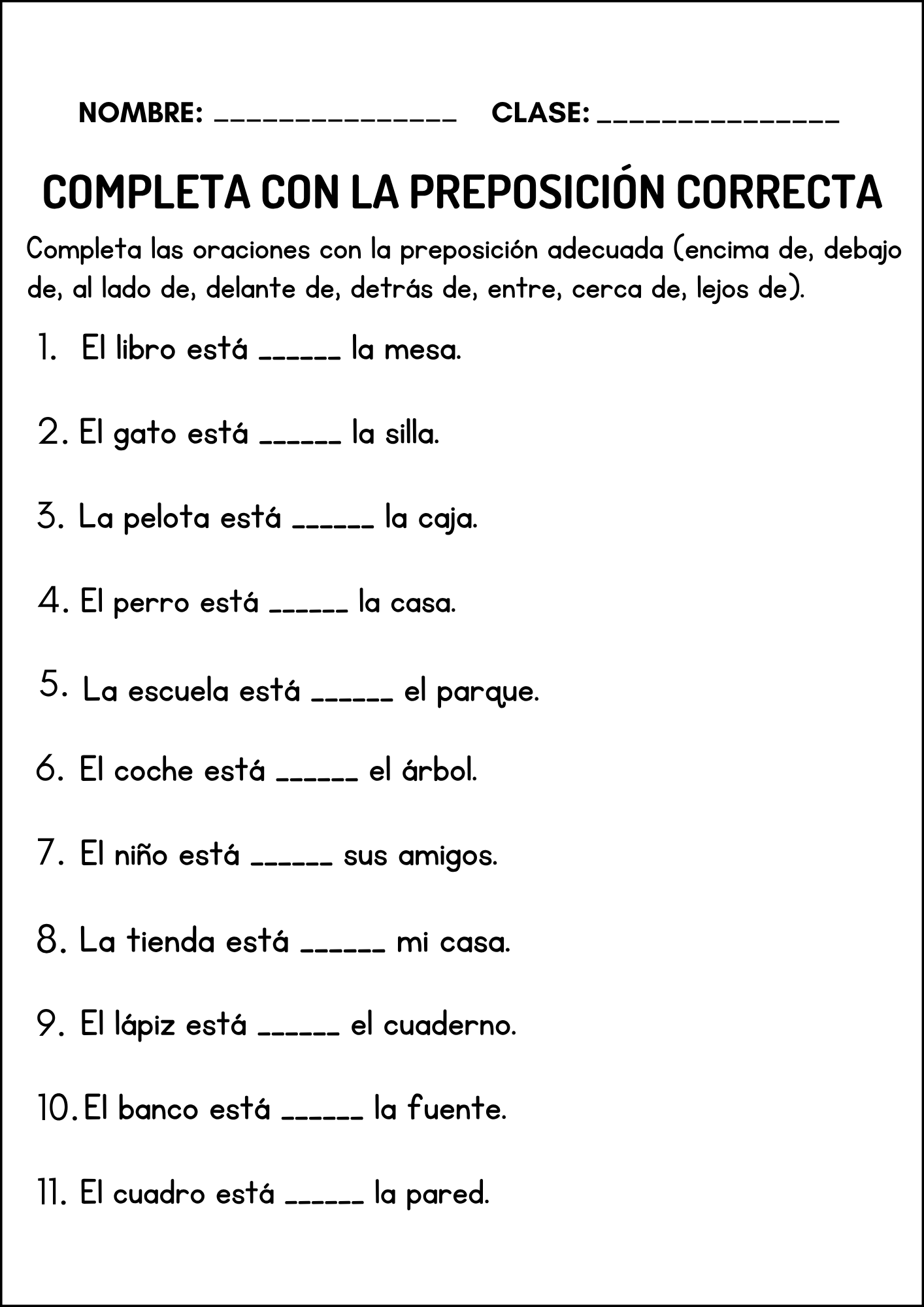 Prepositions of Place Worksheets and Activities Spanish Preposiciones ...