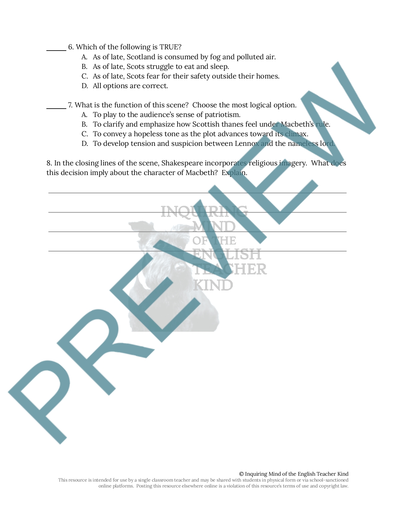 Macbeth Act 3 Scene 6 Close Reading Worksheet | Teaching Resources