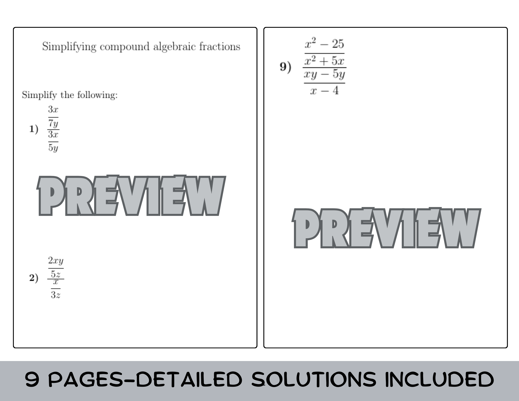Simplifying compound algebraic fractions worksheet (with solutions ...