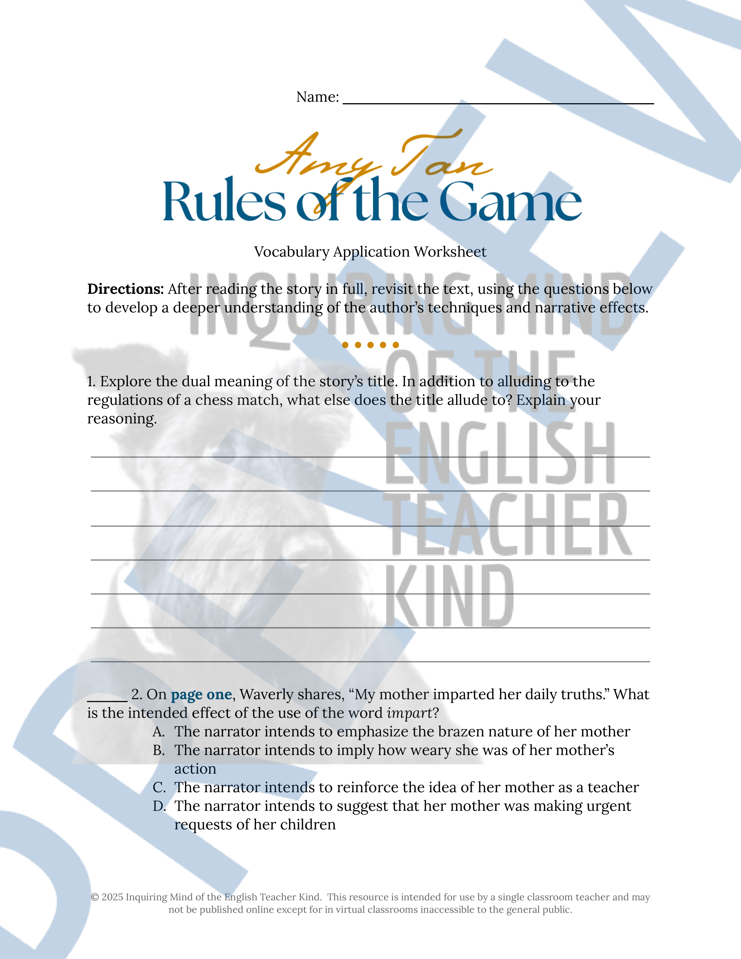 "Rules of the Game" by Amy Tan Close Reading Analysis Worksheet ...