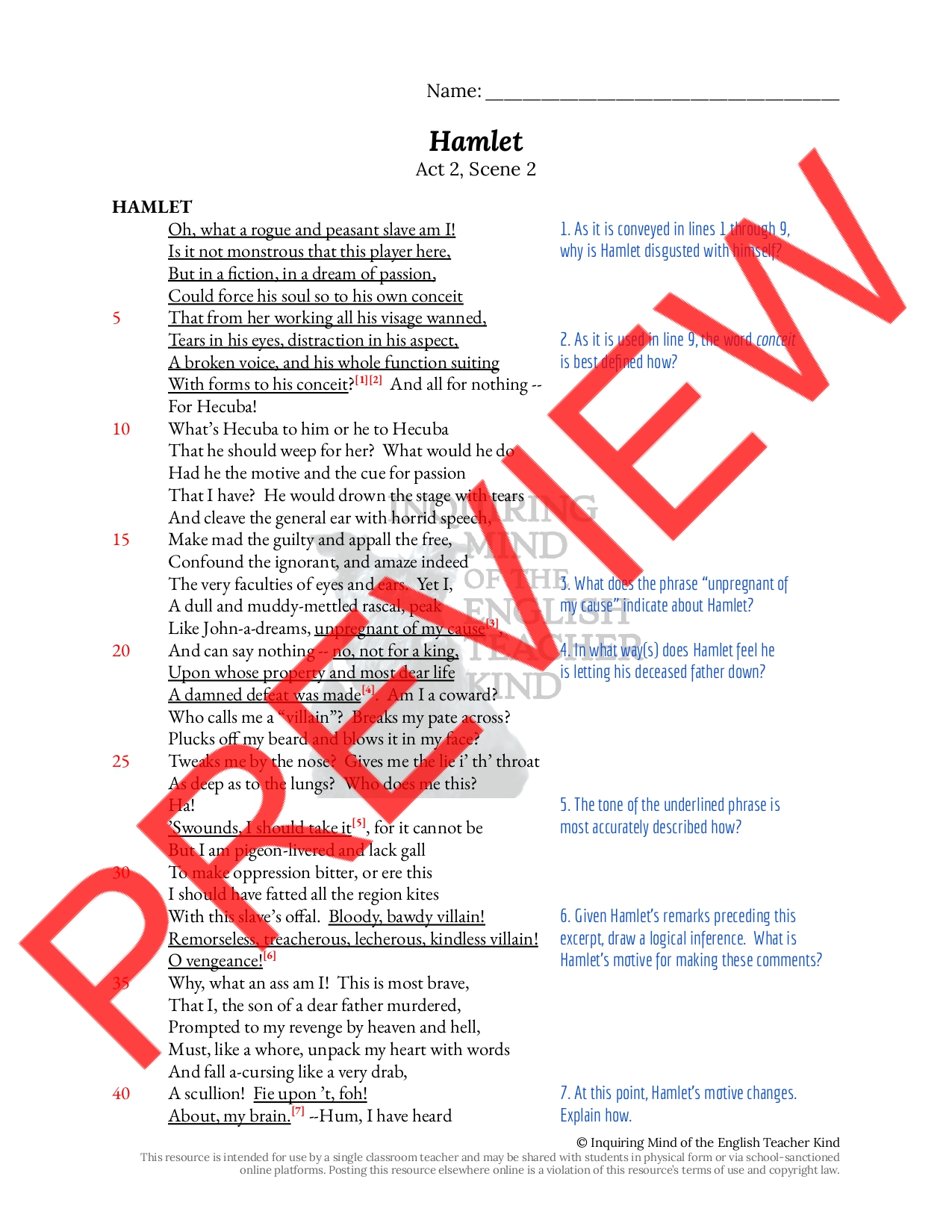 Hamlet Act 2 Scene 2 Close Reading Worksheet | Teaching Resources