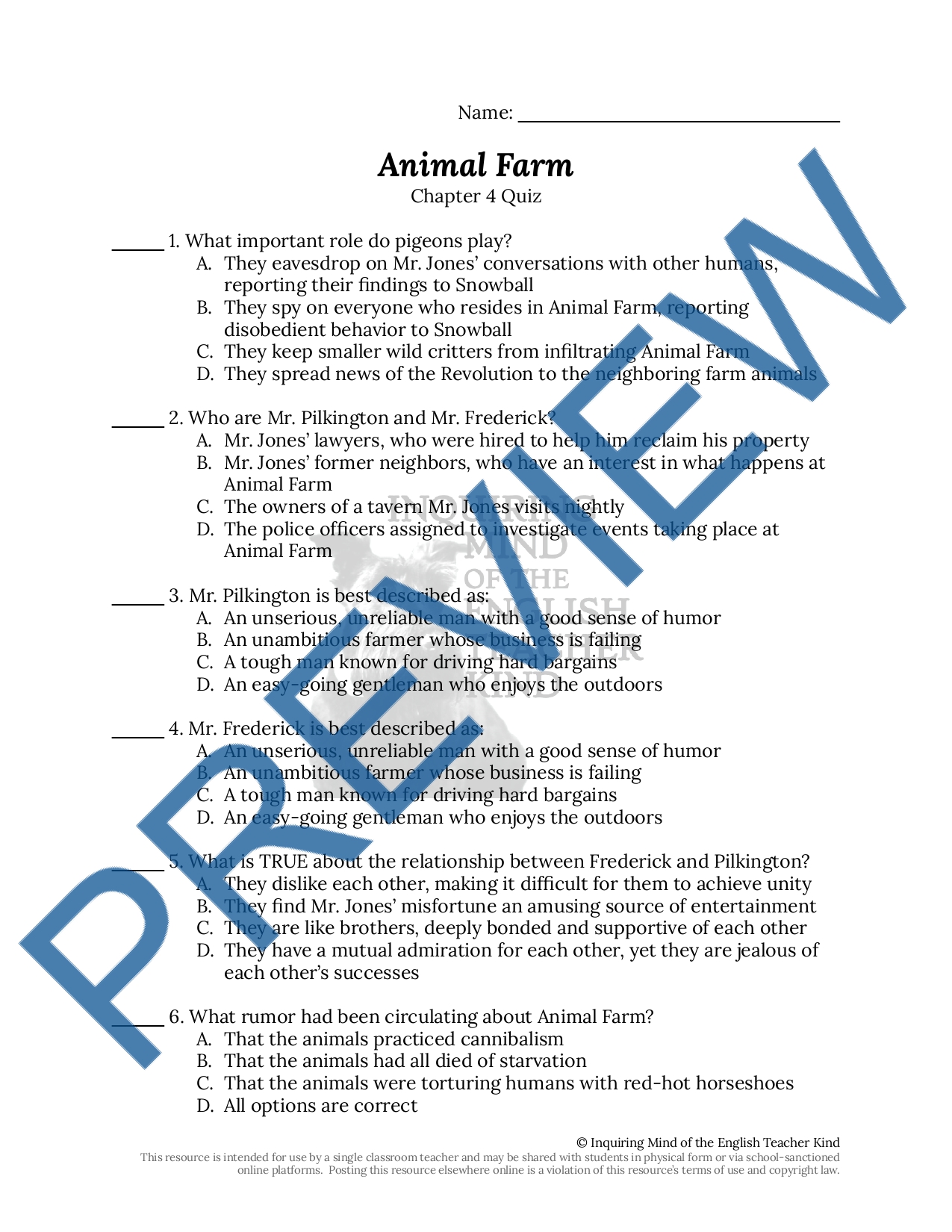 Animal Farm Chapter 4 Quiz and Answer Key | Teaching Resources