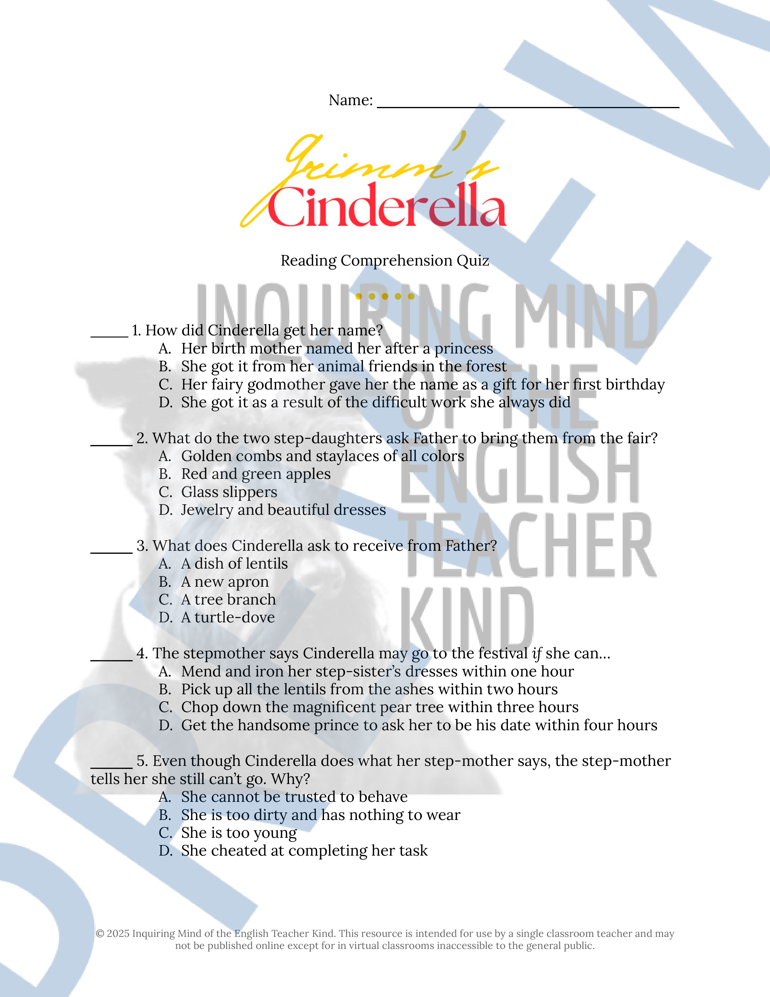 "Cinderella" Quiz and Answer Key (Grimm's Fairy Tale | Fantasy Short ...