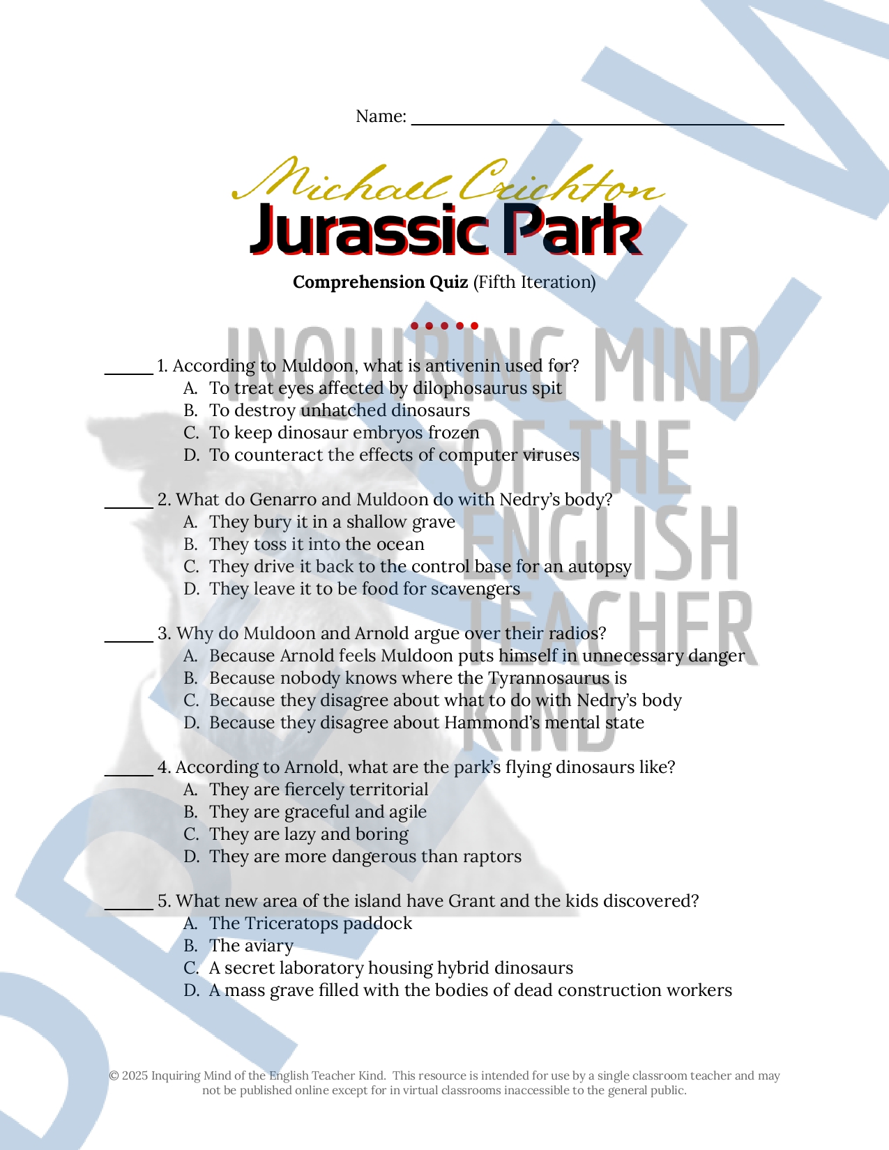 Jurassic Park by Michael Crichton Fifth Iteration Quiz and Answer Key ...