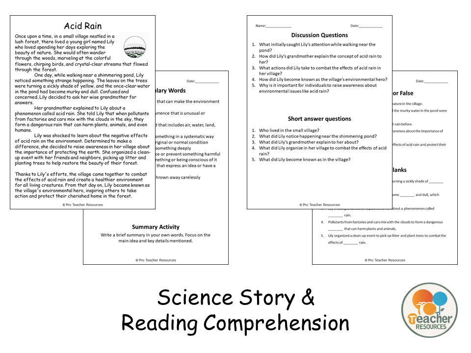 Acid Rain Reading Science Story Comprehension Questions Worksheet ...