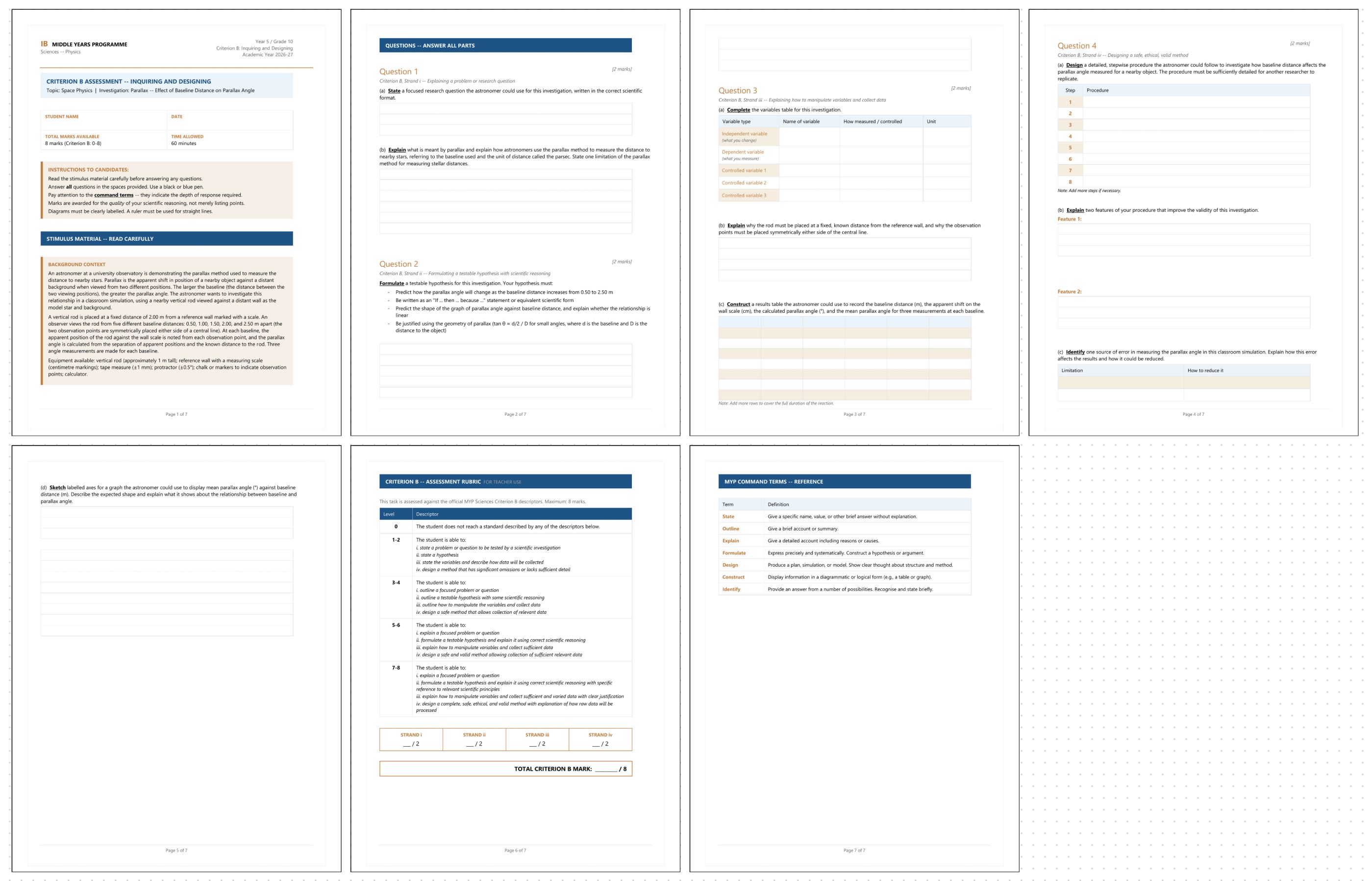 MYP Grade 10 Physics: 3 Criterion B Assessment Tasks - Space Physics ...