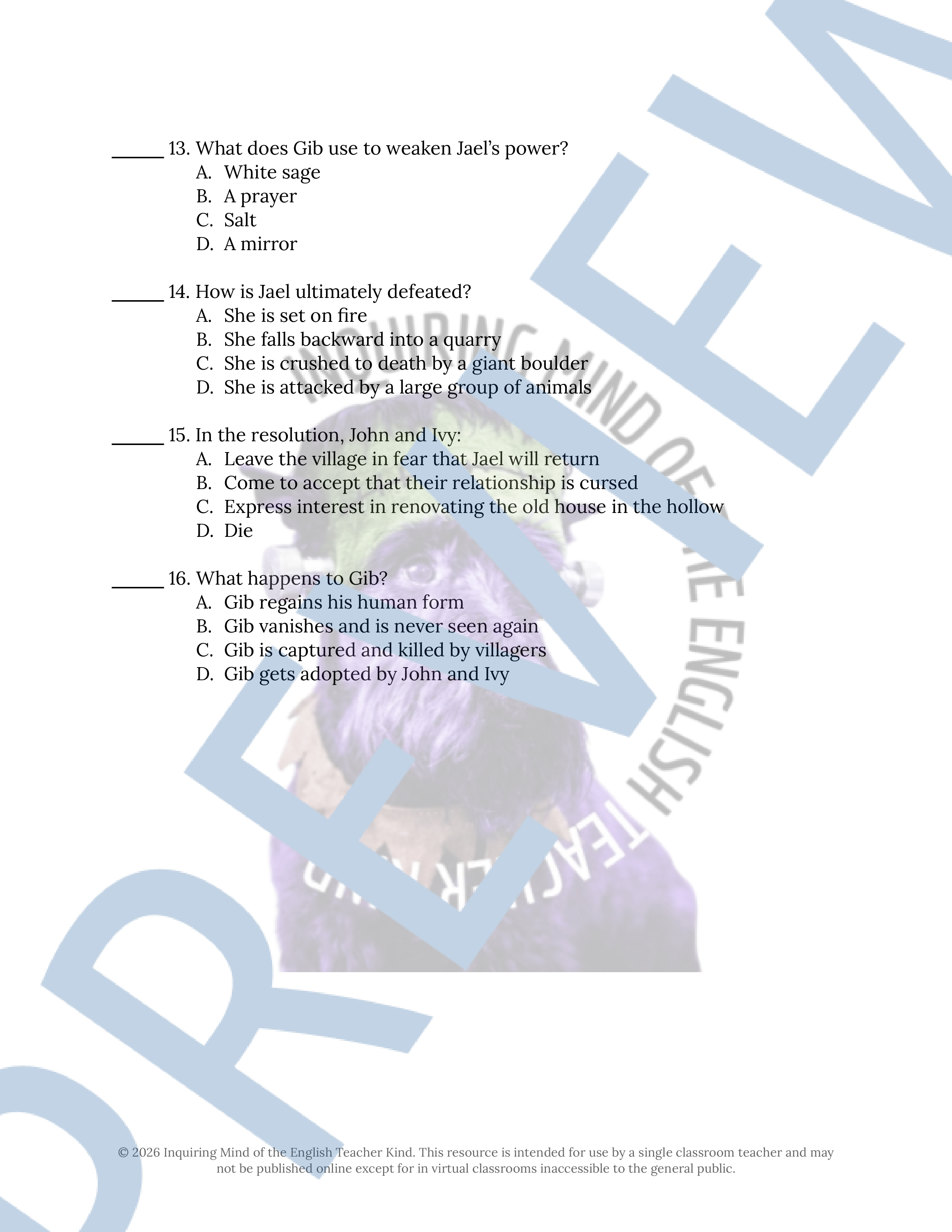 "The Witch's Cat" Quiz and Answer Key (Halloween Story with ...