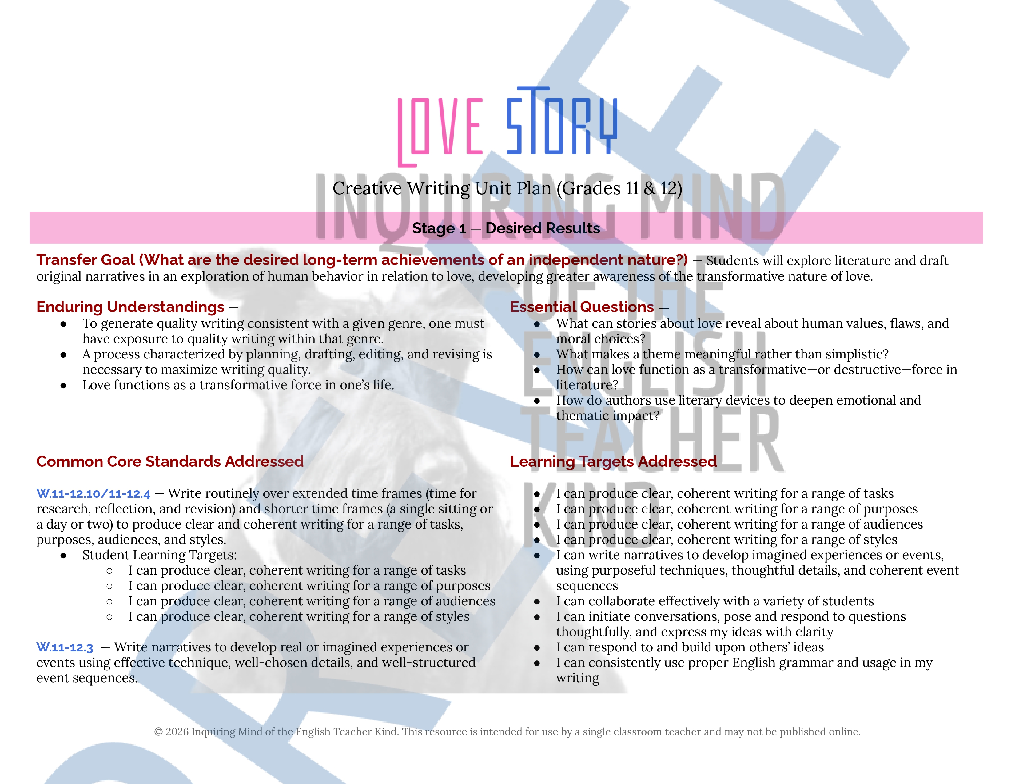 Creative Writing Unit Plan and Narrative Project | Love Stories ...