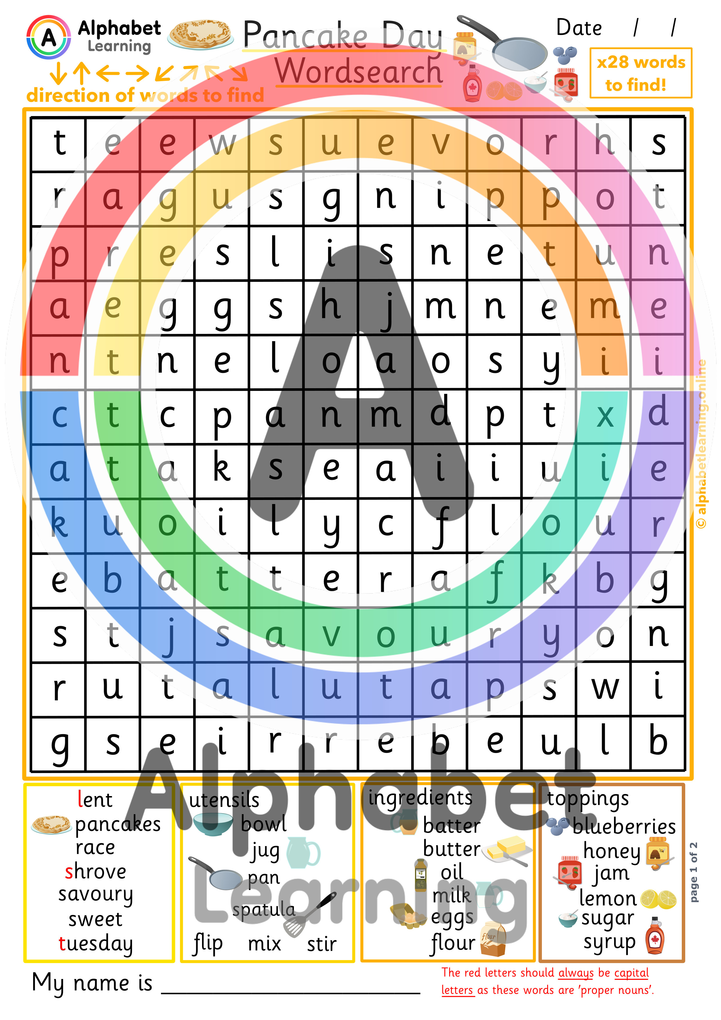 Wordsearch - Pancake Day Shrove Tuesday, x28 words to find | Teaching ...