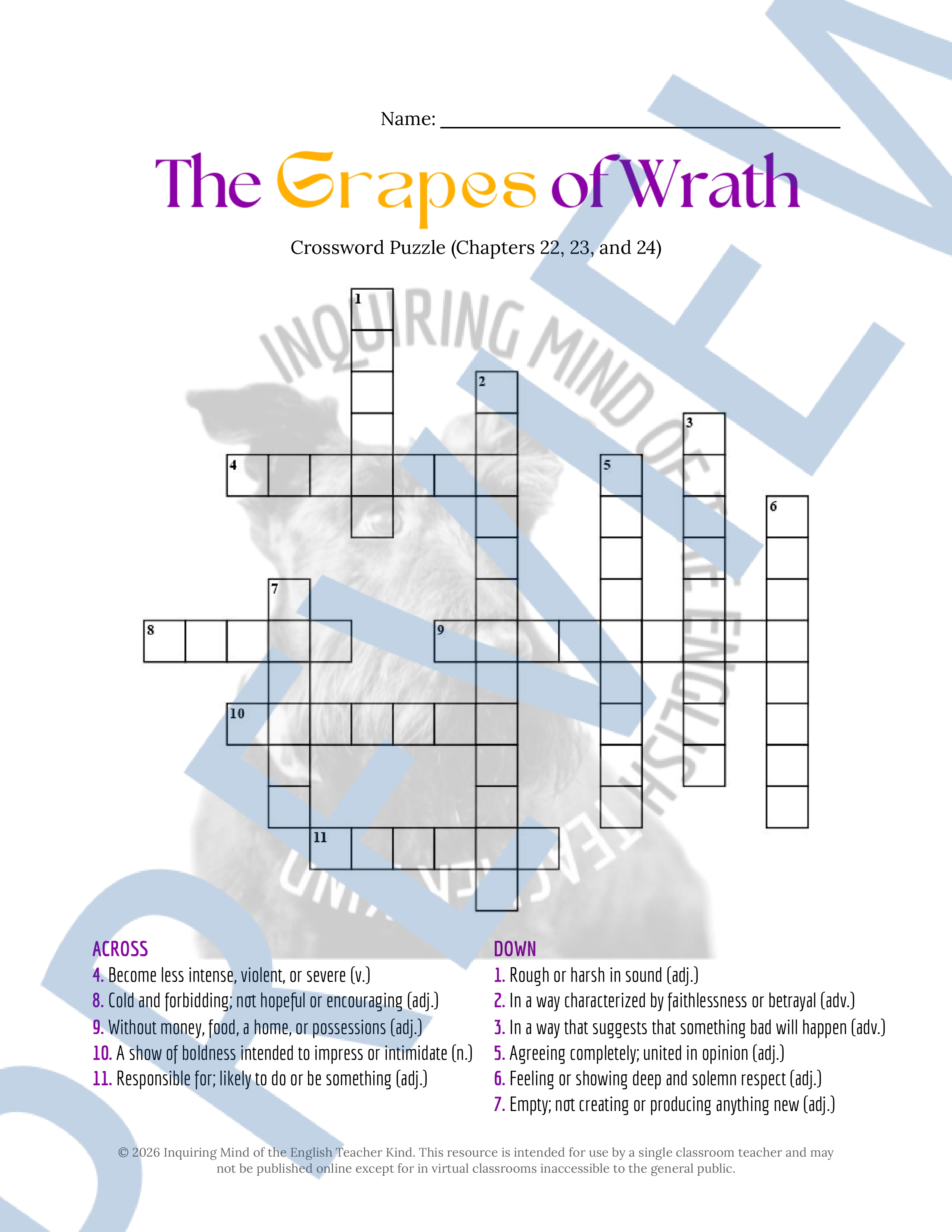 The Grapes of Wrath Chapters 22, 23 & 24 Vocabulary Worksheet ...