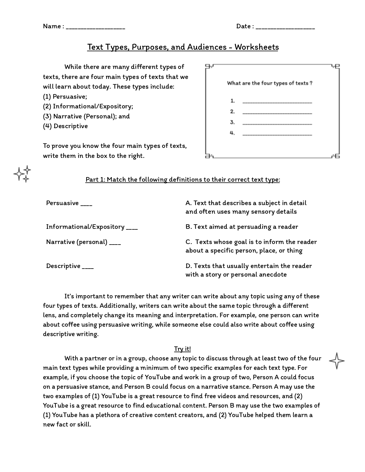 Text Types Purposes Of Texts And Audiences Teaching Resources