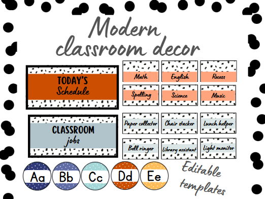 Modern classroom decor bundle, polka dot theme, bunting, labels etc ...