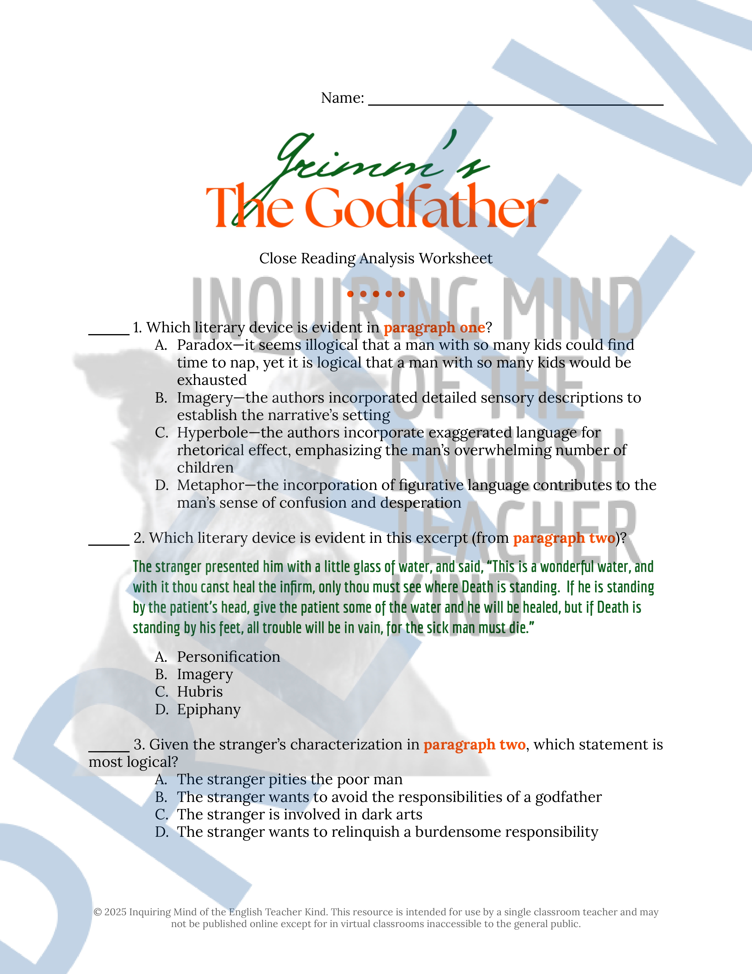 "The Godfather" Close Reading Analysis Worksheet | Grimm's Fairy Tale ...