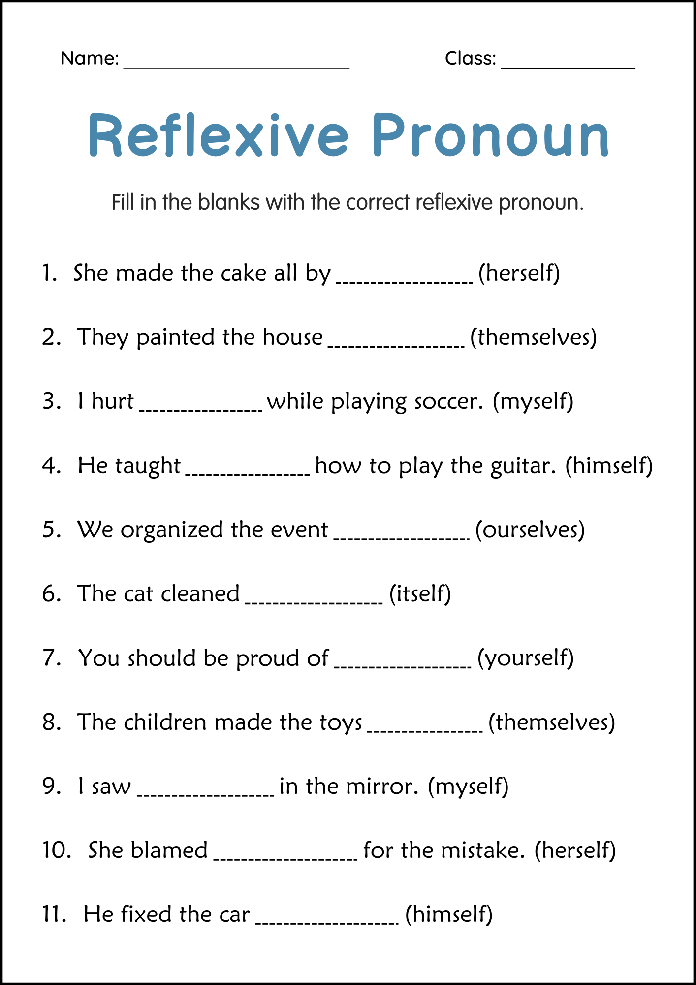 Printable Reflexive Pronouns Grammar Worksheets for Grade 3, 4, 5 ...
