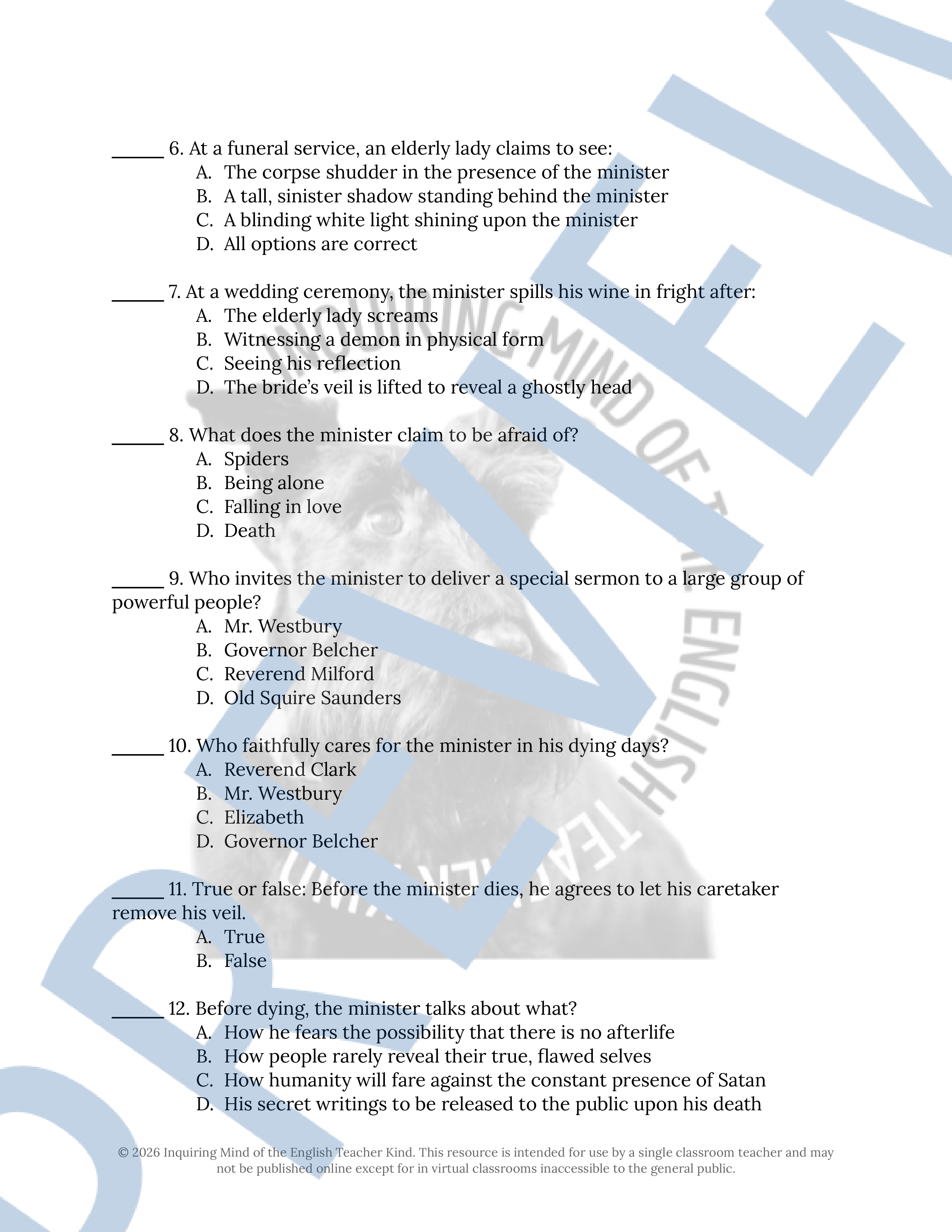 "The Minister's Black Veil" by Nathaniel Hawthorne Quiz and Answer Key ...