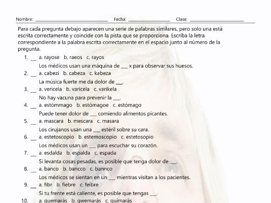 Doctor's, Illnesses, and Injuries Spelling Challenge Spanish Worksheet ...