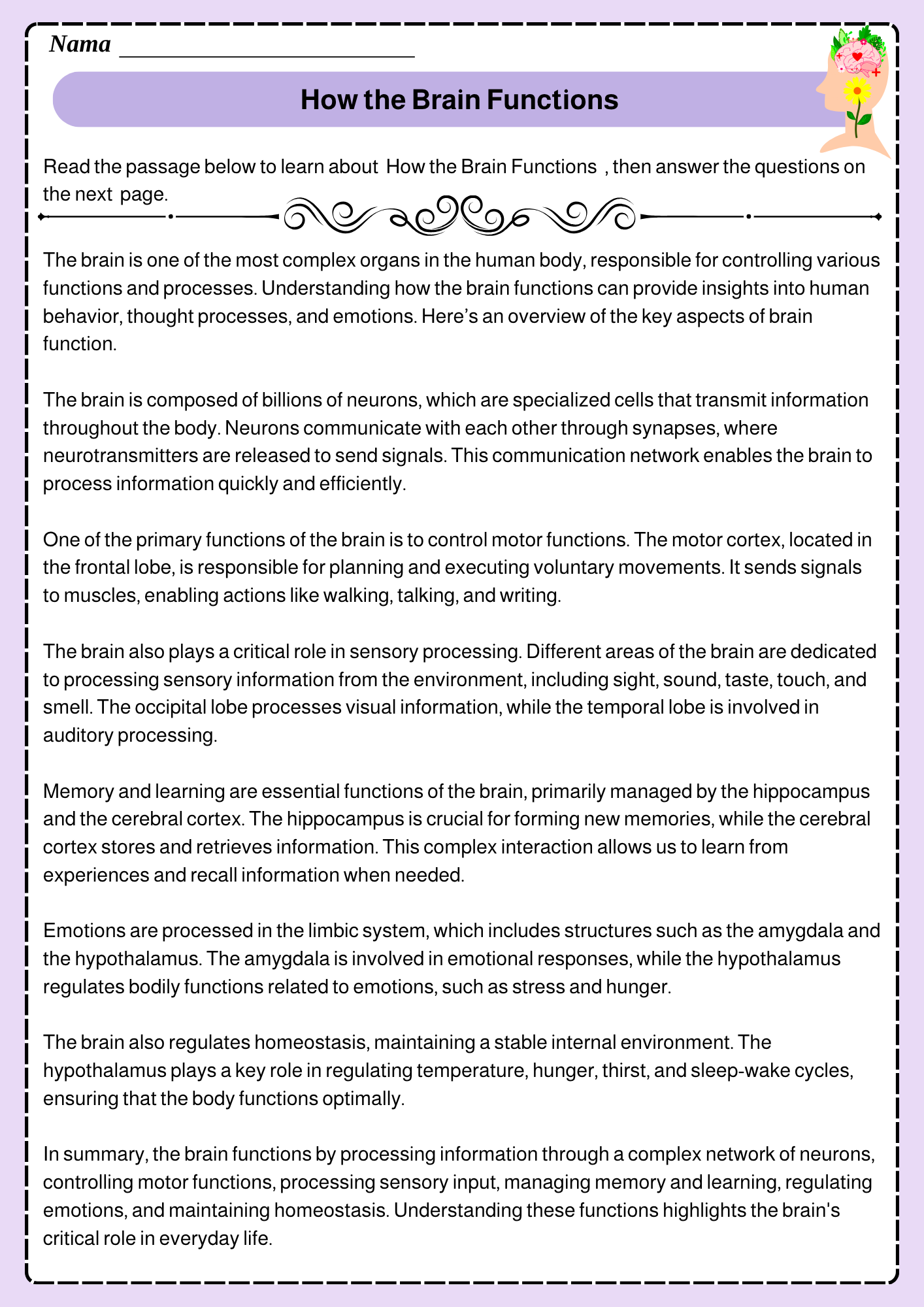 How the Brain Functions Reading Comprehension Passages & Questions ...