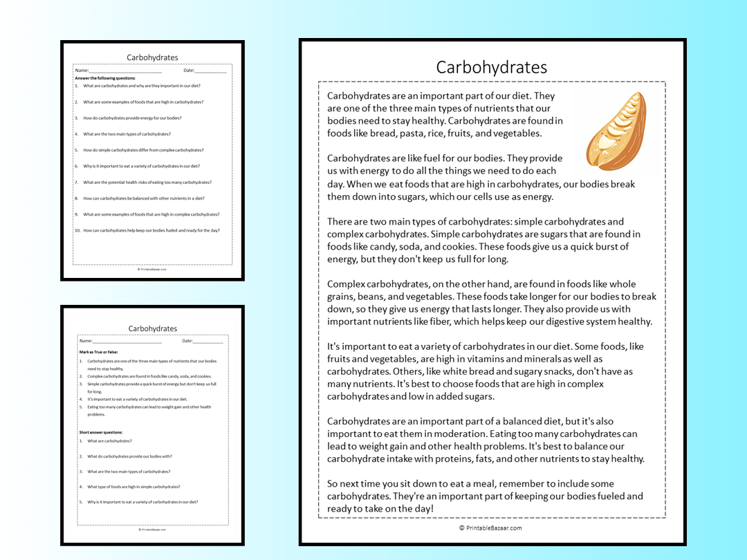 Carbohydrates Reading Comprehension Passage Printable Worksheet ...