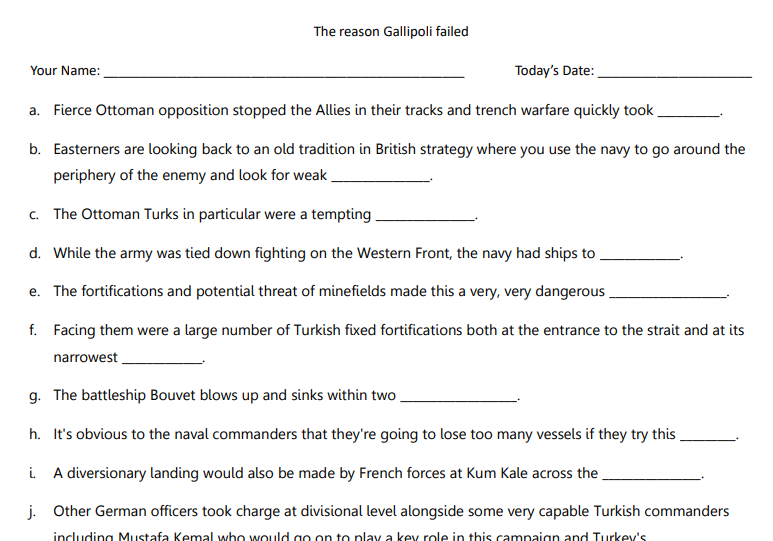The Reasons Gallipoli Failed. Video worksheets, differentiated ...